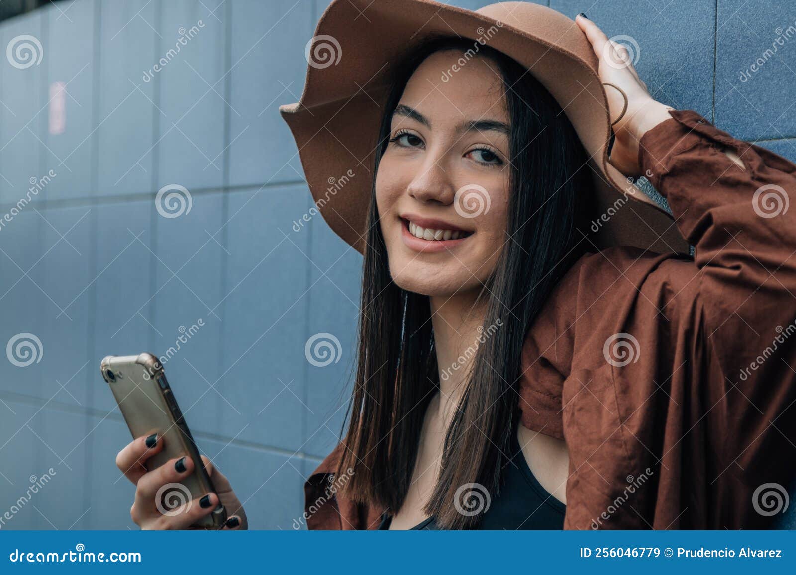 Girl with Mobile Phone and Hat Stock Image - Image of casual, portrait ...