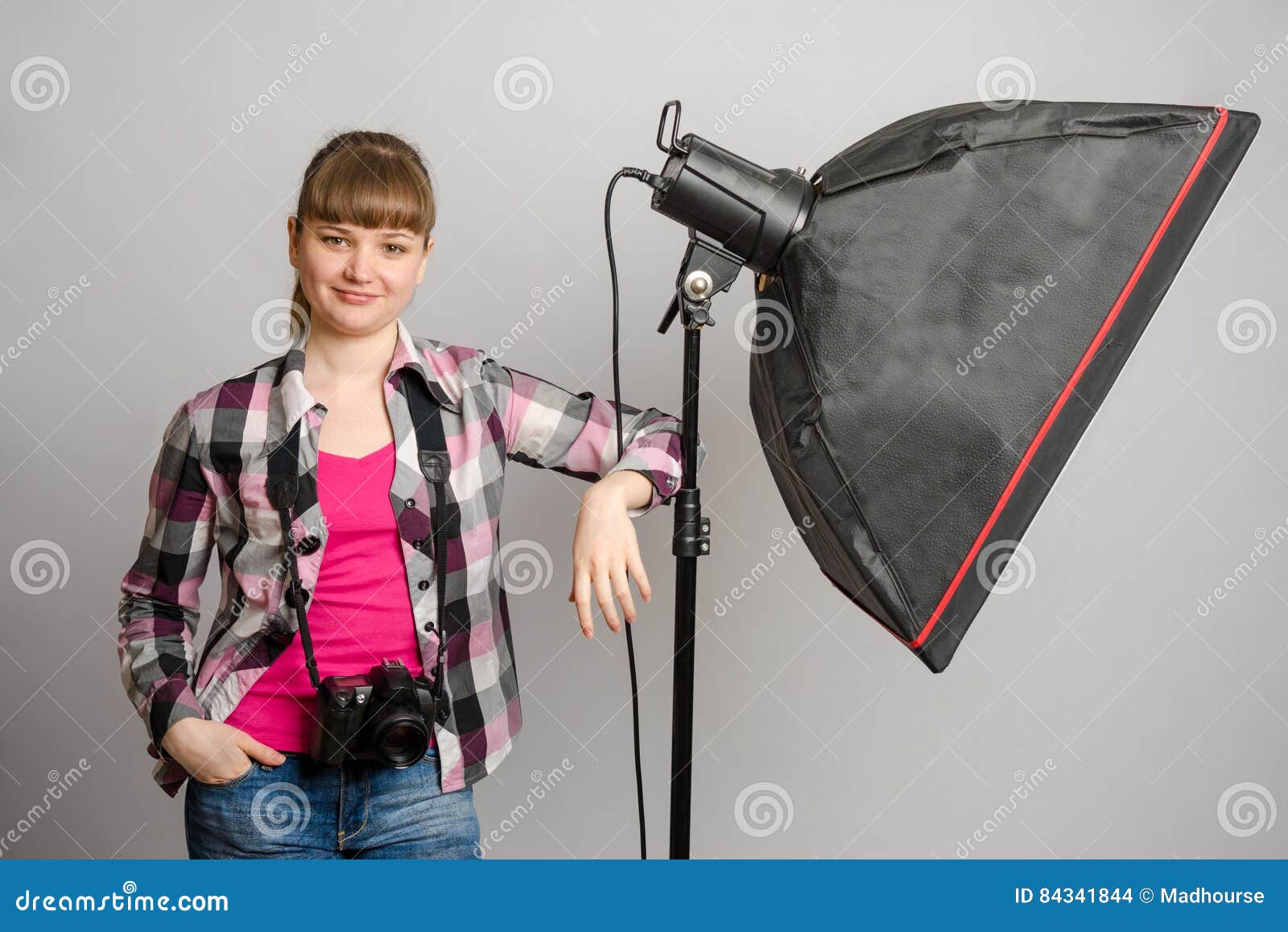 Portrait of Girl Photographer at the Studio Softbox Stock Photo - Image ...