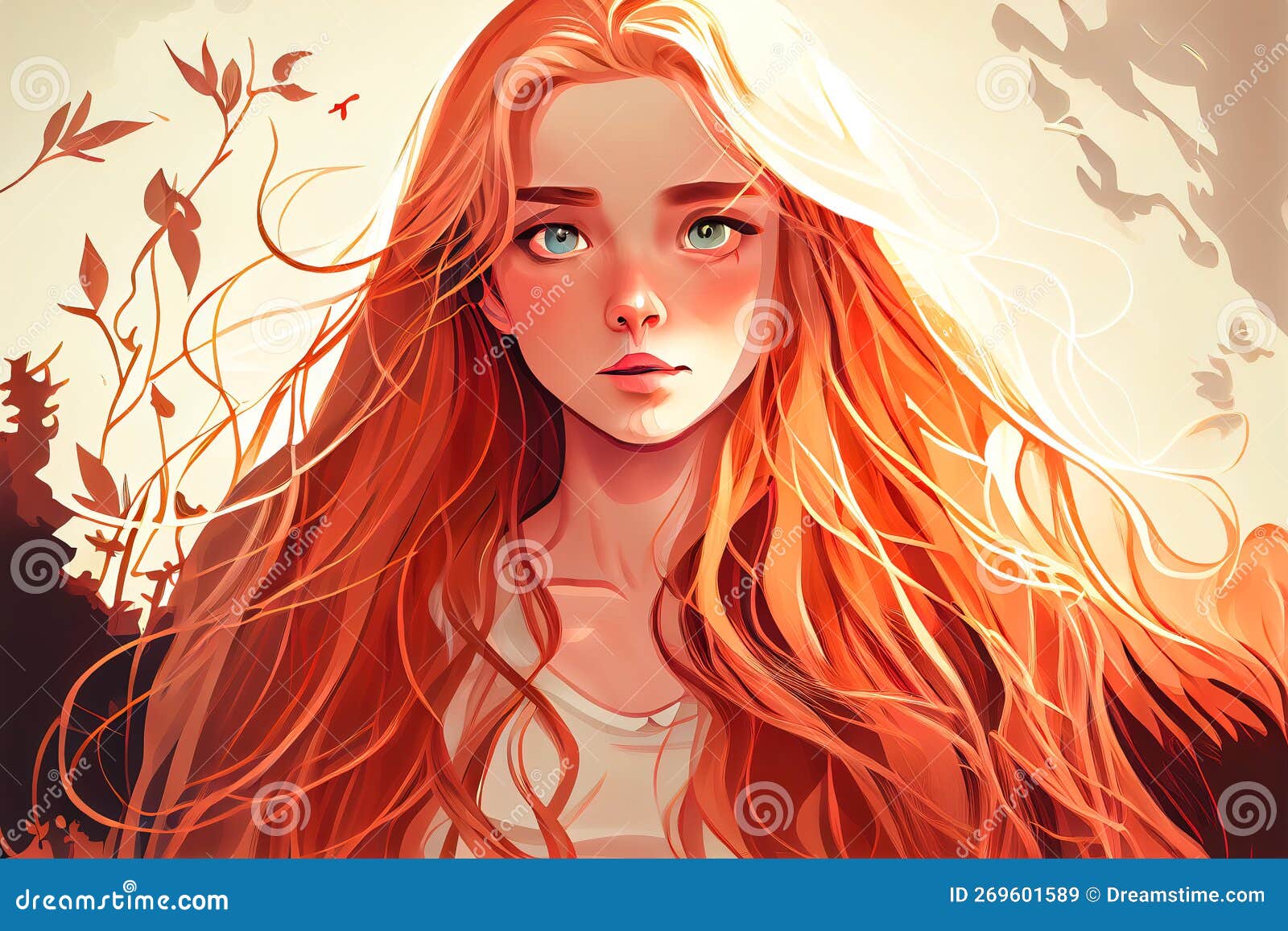 Portrait Of A Girl With Red Hair Illustration Generative Ai Stock