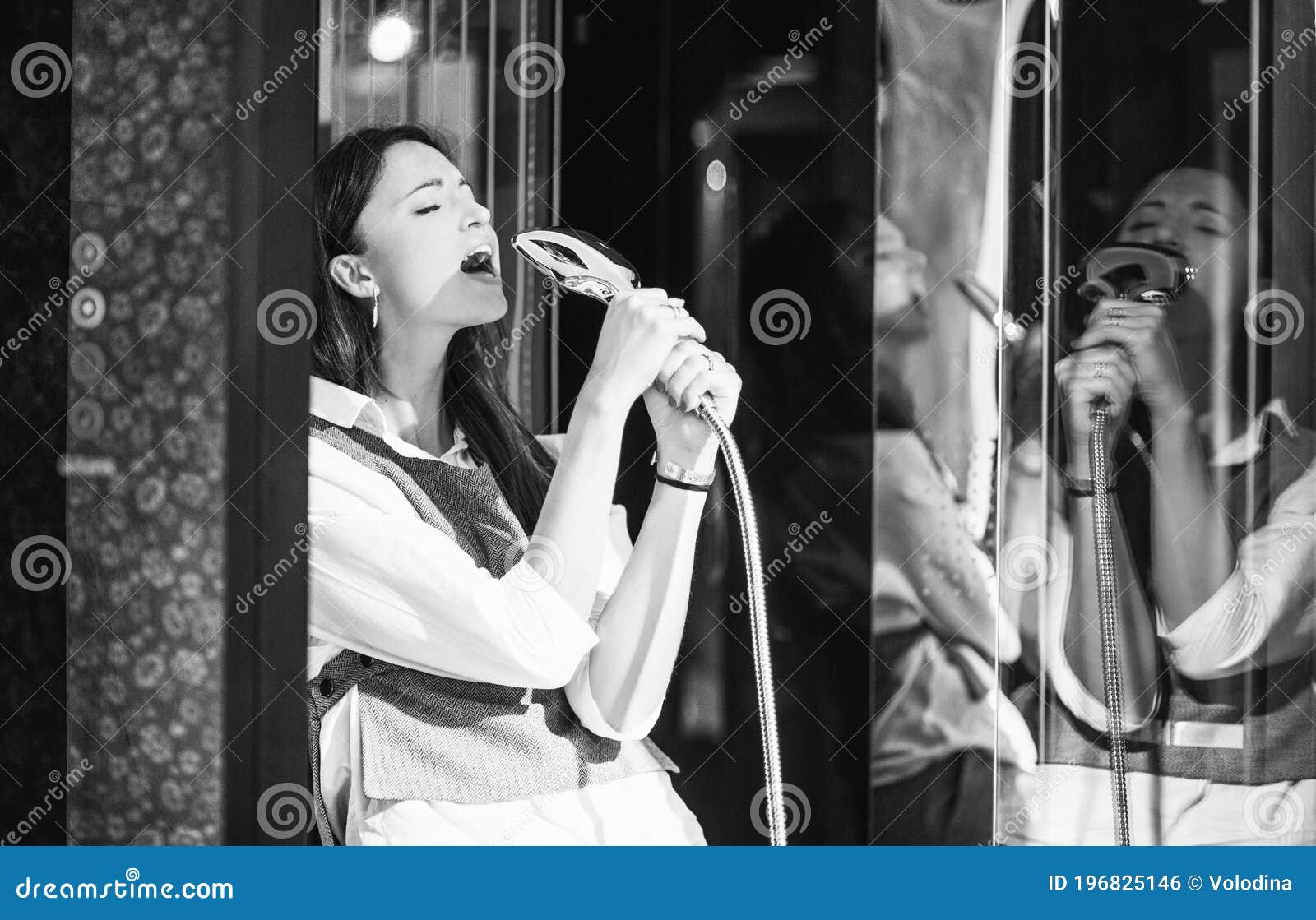 Girl singing in the shower stock photo. Image of looking - 196825146