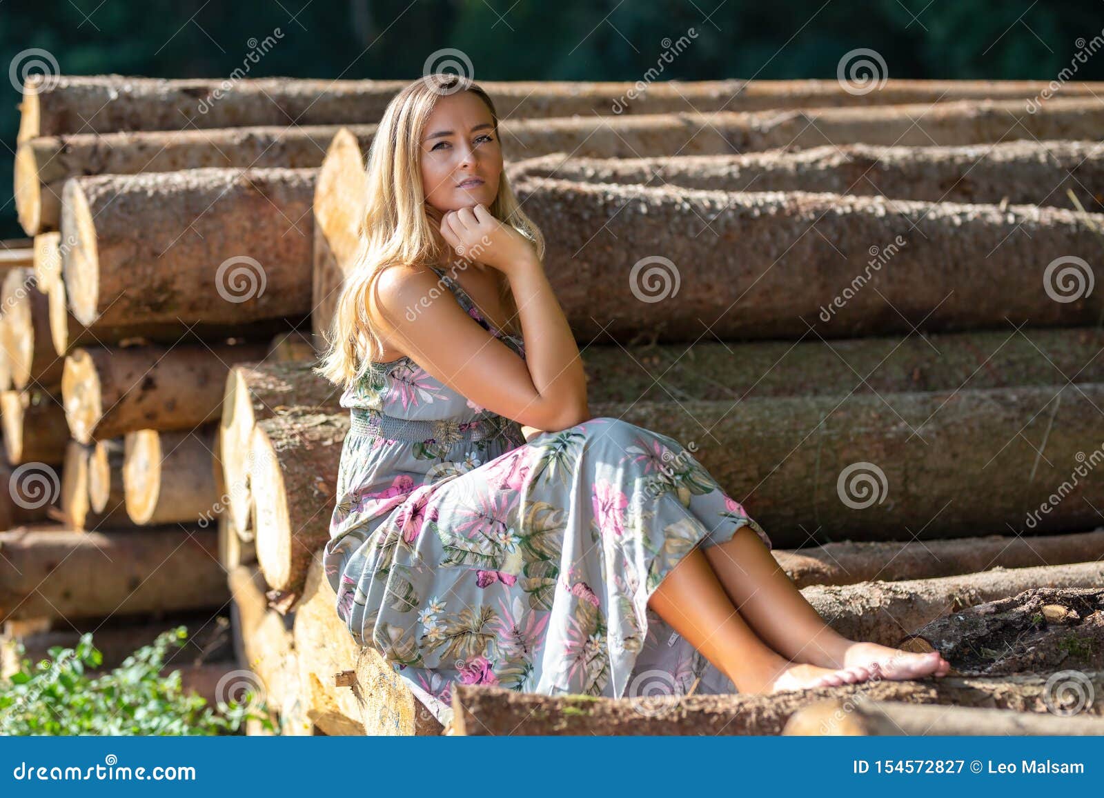 Portrait of a Girl Sitting on Logs Stock Image - Image of green, beauty ...