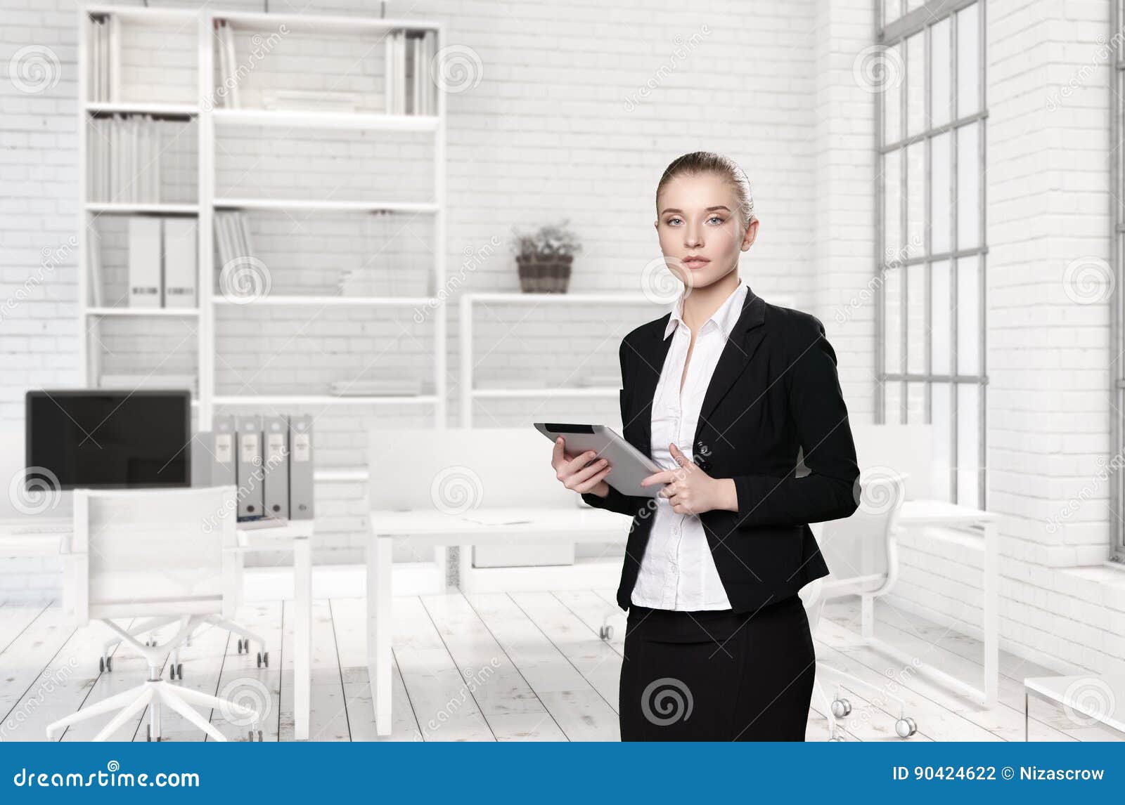 Portrait of Girl with Tablet in Suit in Office Stock Photo - Image of ...
