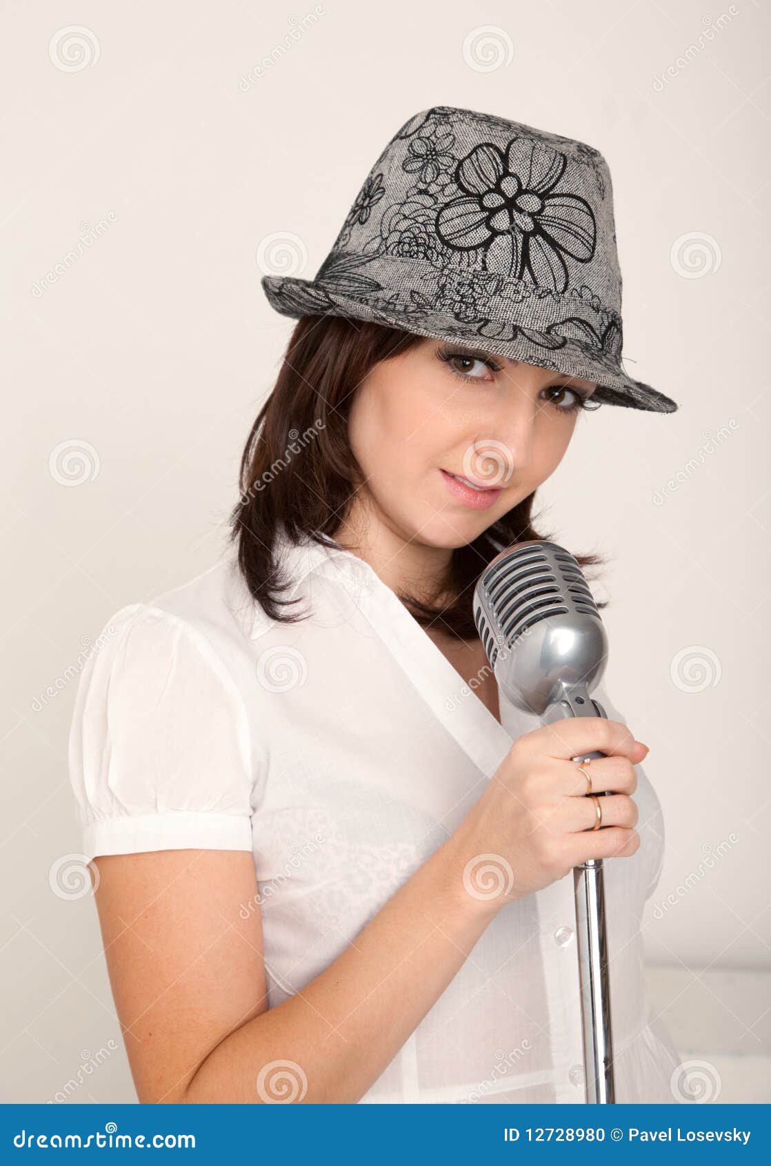 Portrait of Girl Wearing Hat with Microphone Stock Photo - Image of ...