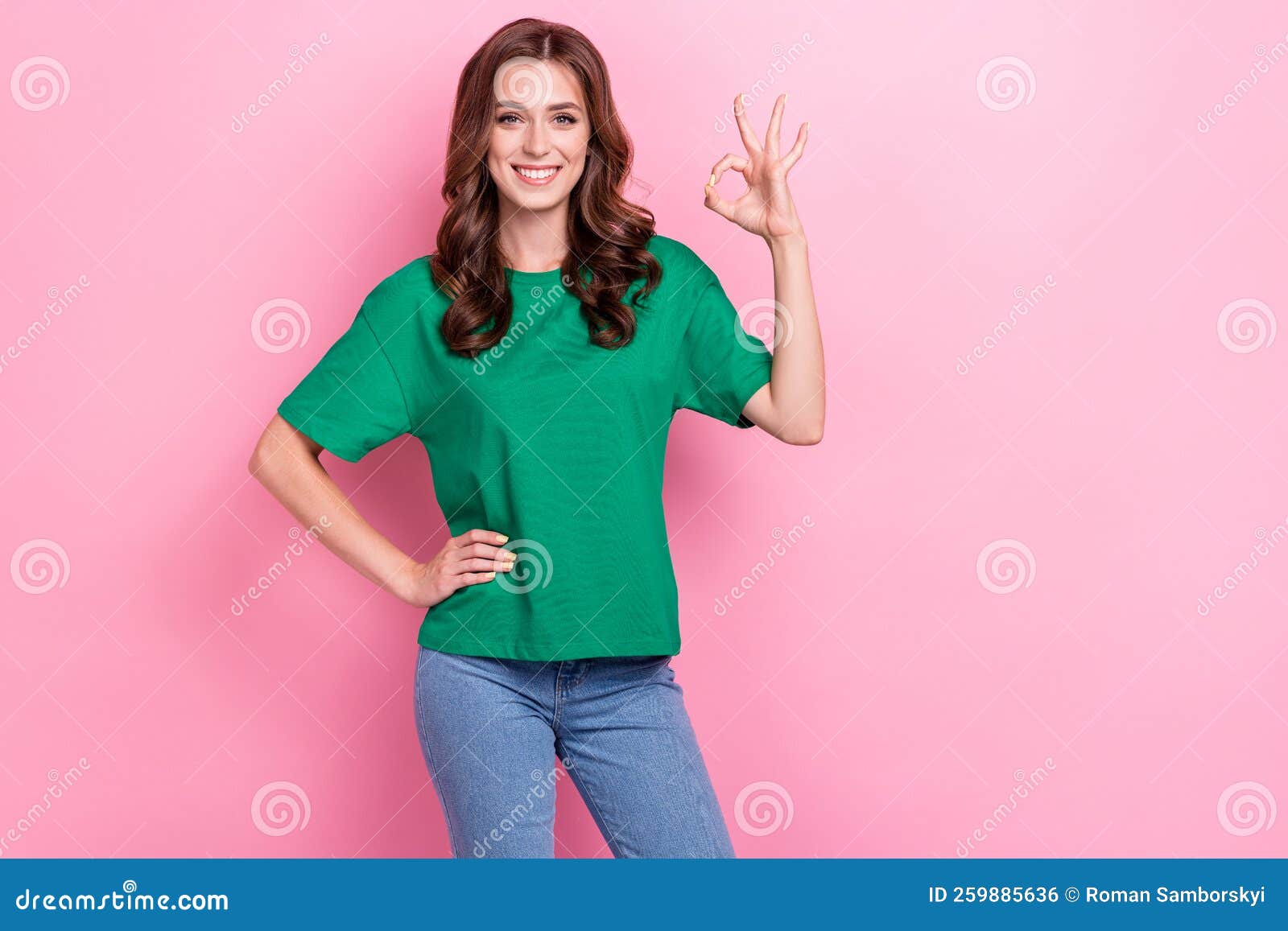 Portrait Of Girlish Pretty Optimistic Girl Wavy Hairdo Wear Green T