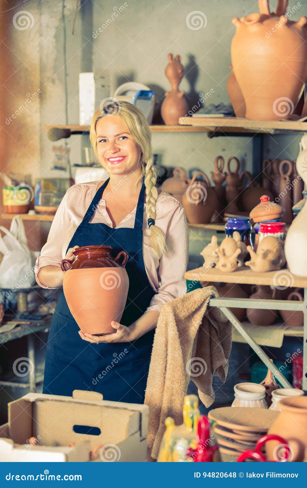 Portrait of Glad Woman Pottery Worker with Ceramic Crockery Stock Photo ...