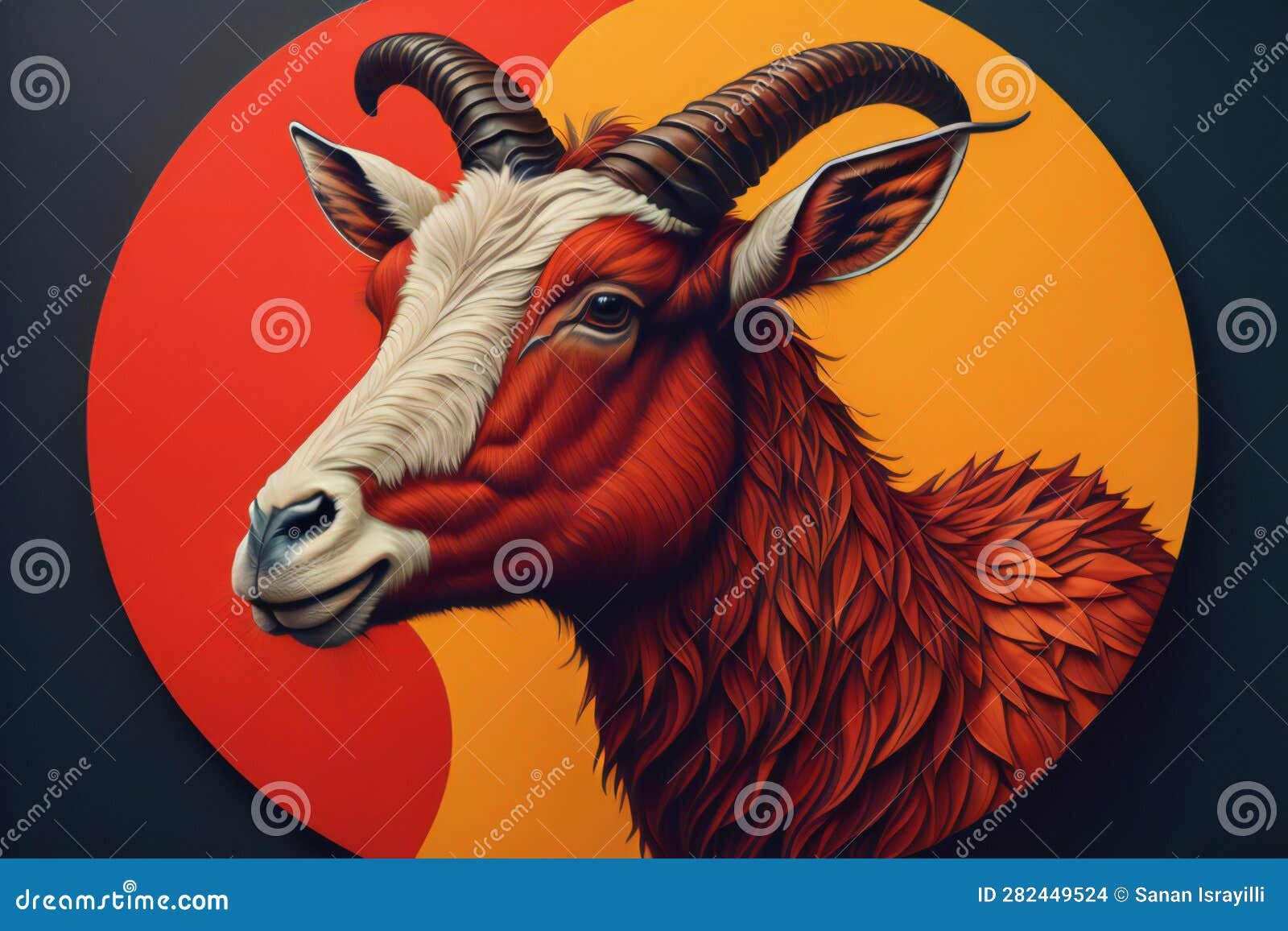Portrait of a Goat with Horns on a Background of an Orange Circle. Ai ...