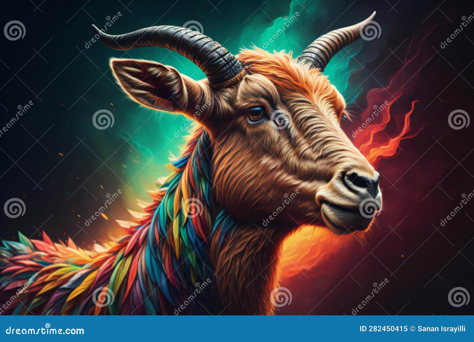 Portrait of a Goat with Horns in the Smoke. Ai Generated Stock Image ...