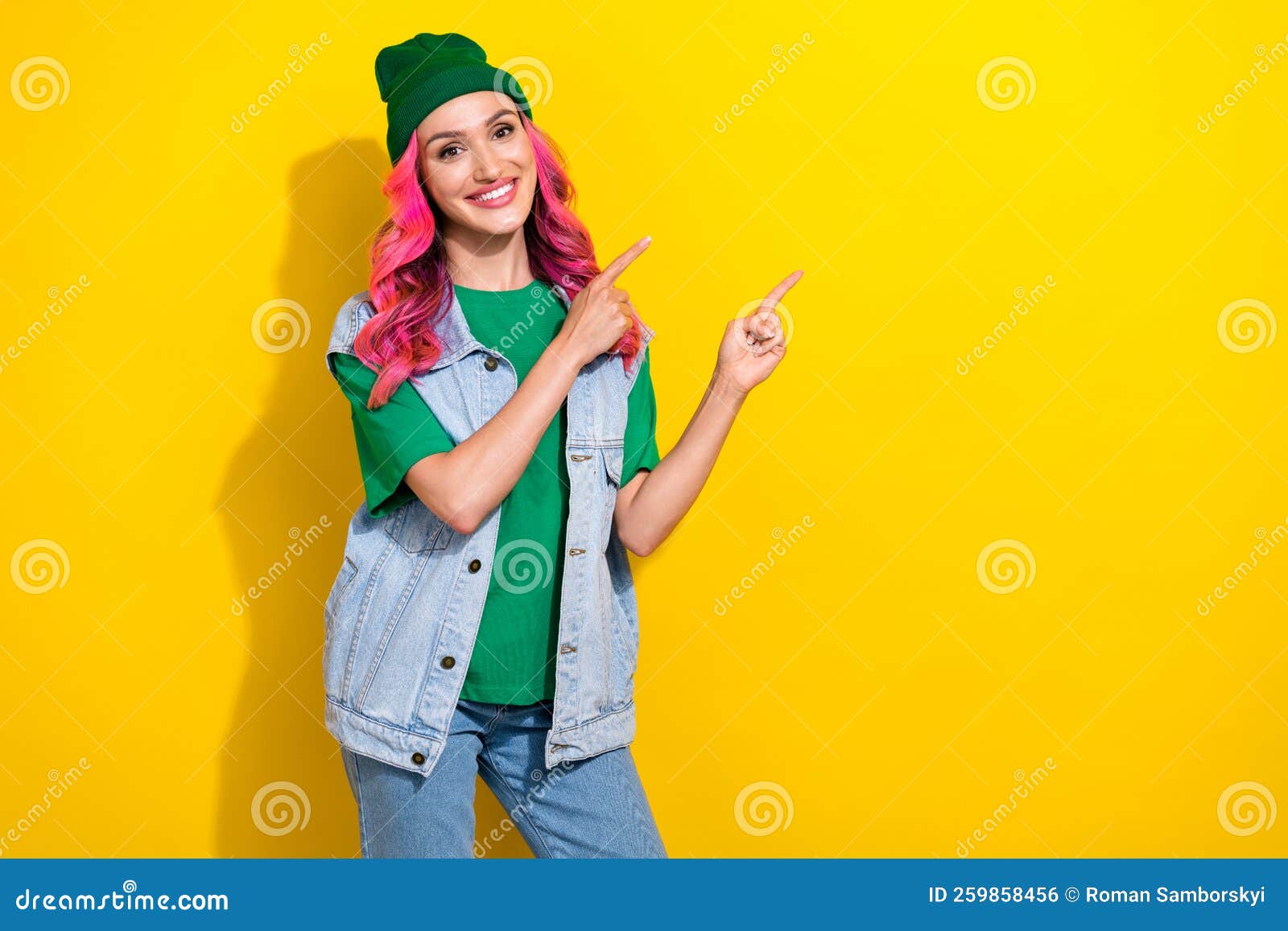 Portrait Of Good Mood Gorgeous Girl With Curly Hairdo Wear Green T