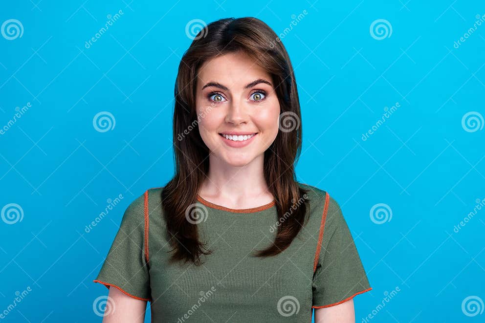 Portrait Of Gorgeous Cheerful Positive Lady Toothy Beaming Smile Good