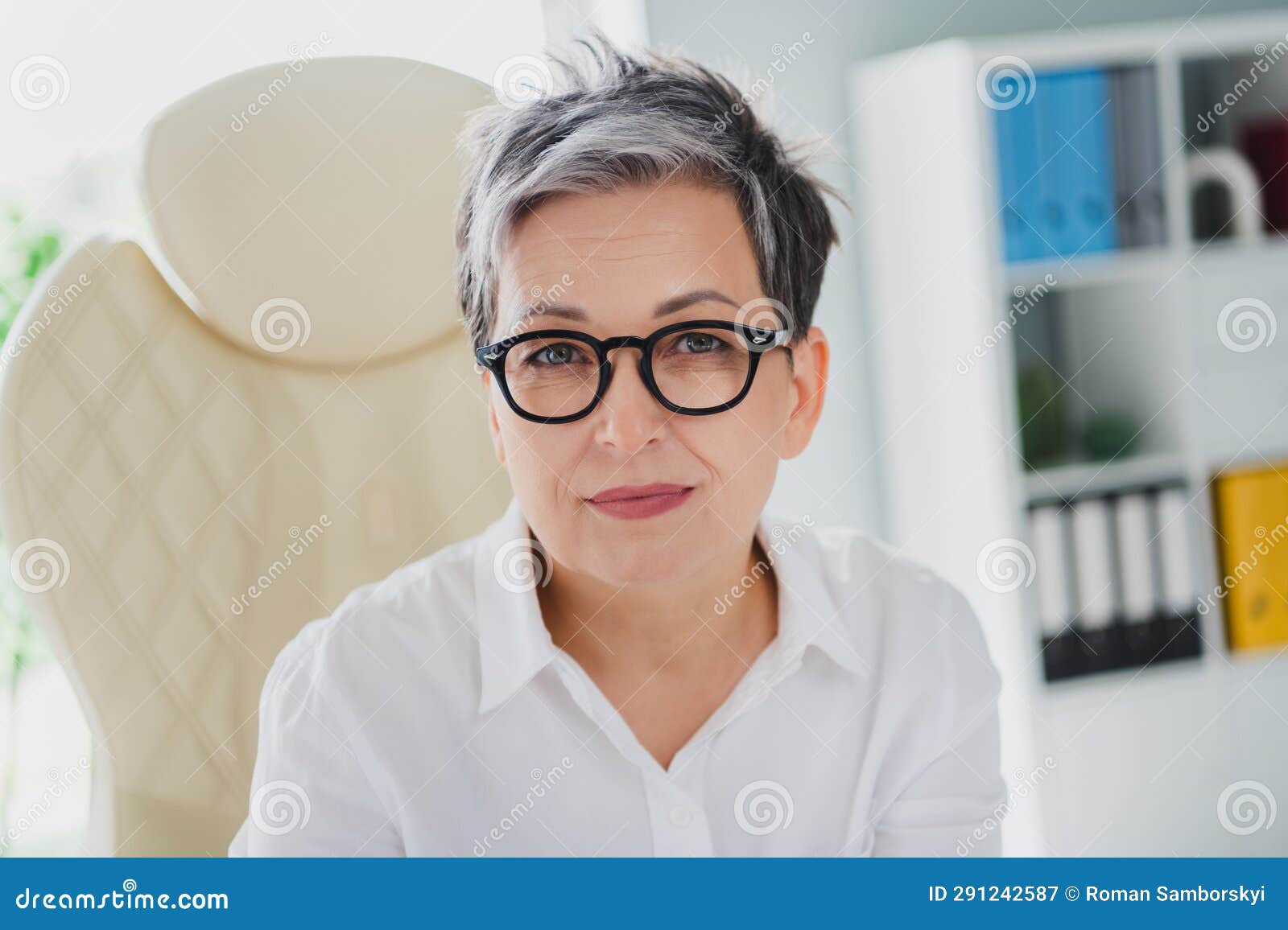 Portrait Of Gorgeous Closeup Picture Of Nice Pretty Mature Woman Gray