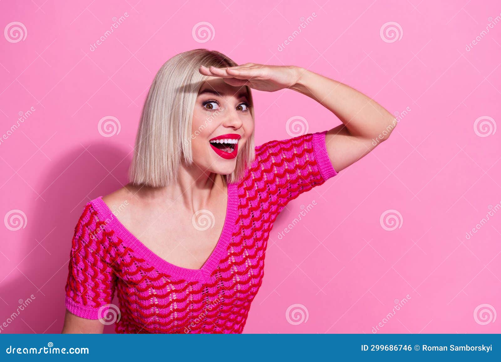Portrait Of Gorgeous Impressed Girl Open Mouth Arm Forehead Empty Space