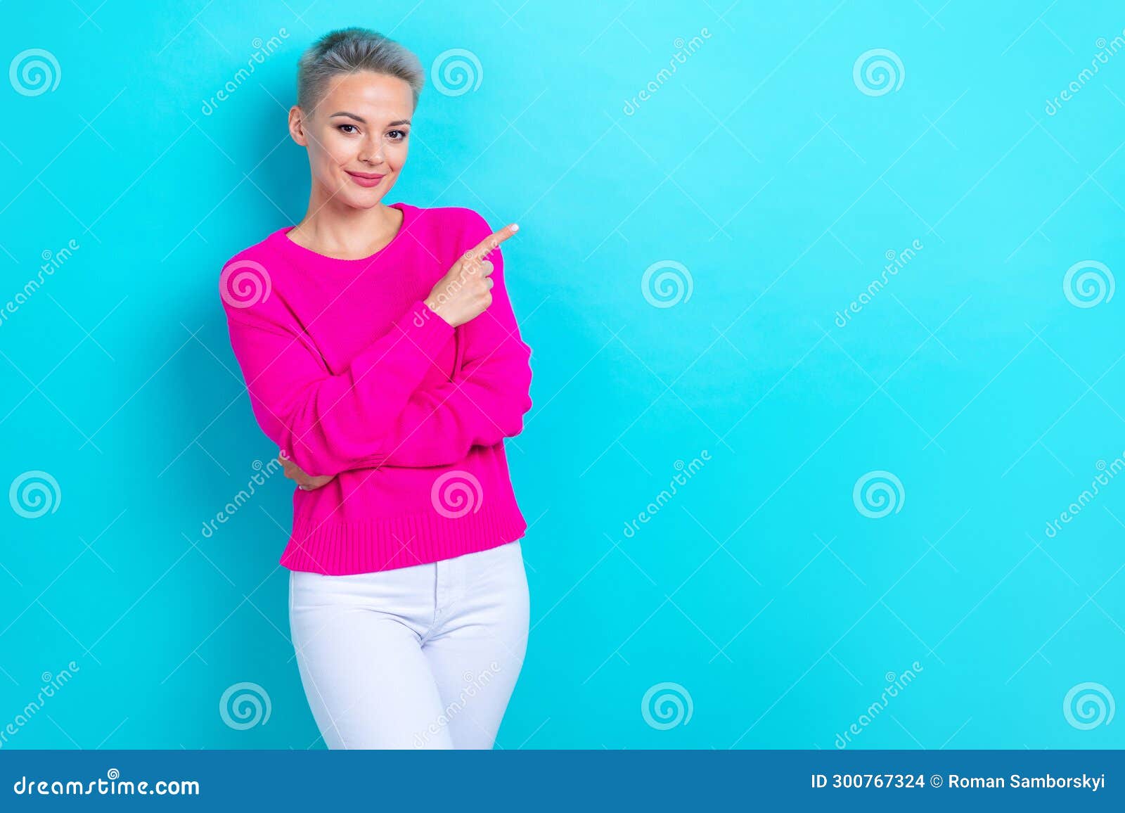 Portrait Of Gorgeous Pleasant Girl With Dyed Hairdo Wear Knit Sweater