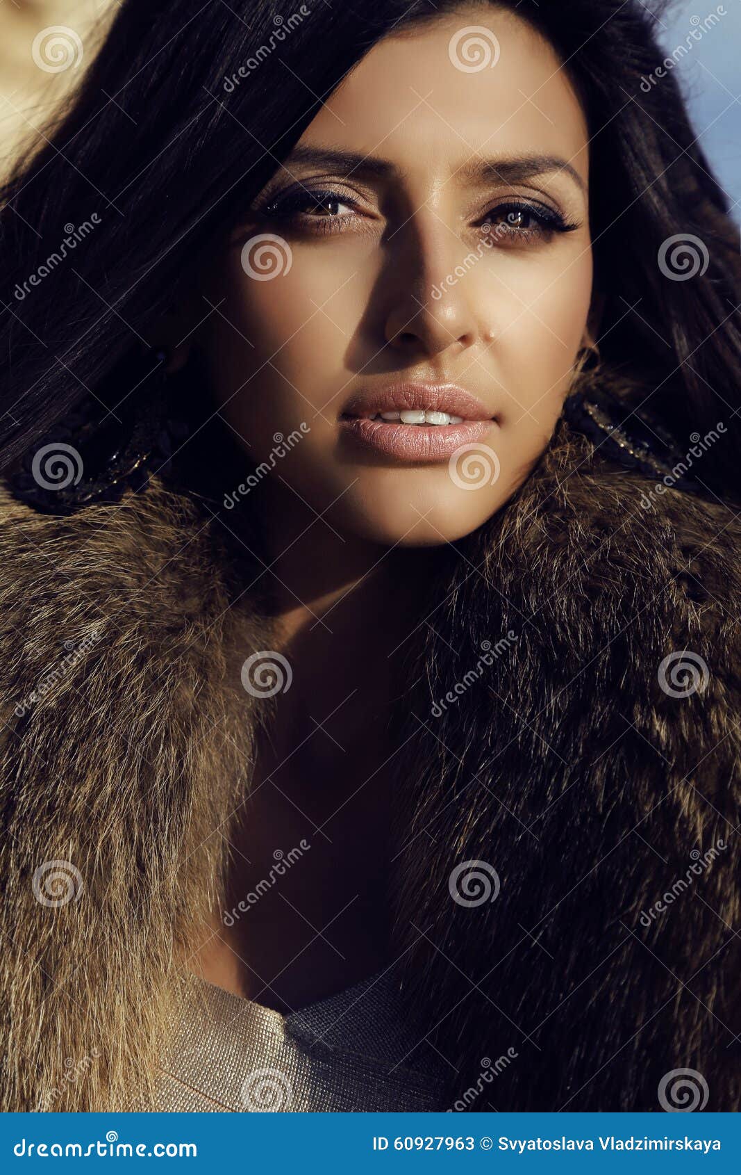 Portrait Of Gorgeous Woman With Long Dark Hair Wears Fur Stock Image