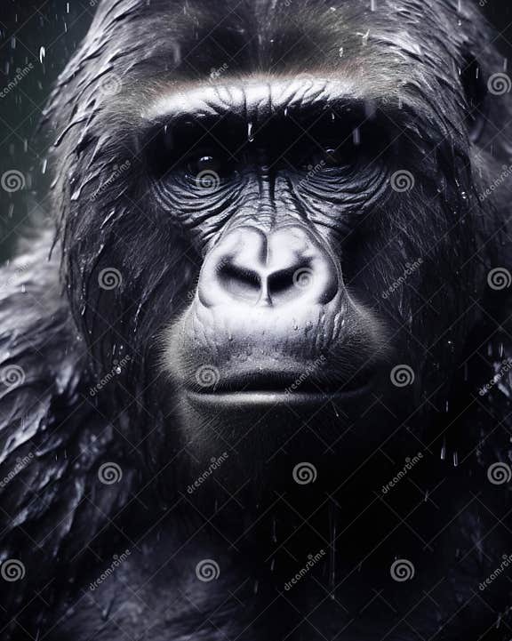 Portrait of a Gorilla during the Rain Stock Illustration - Illustration ...