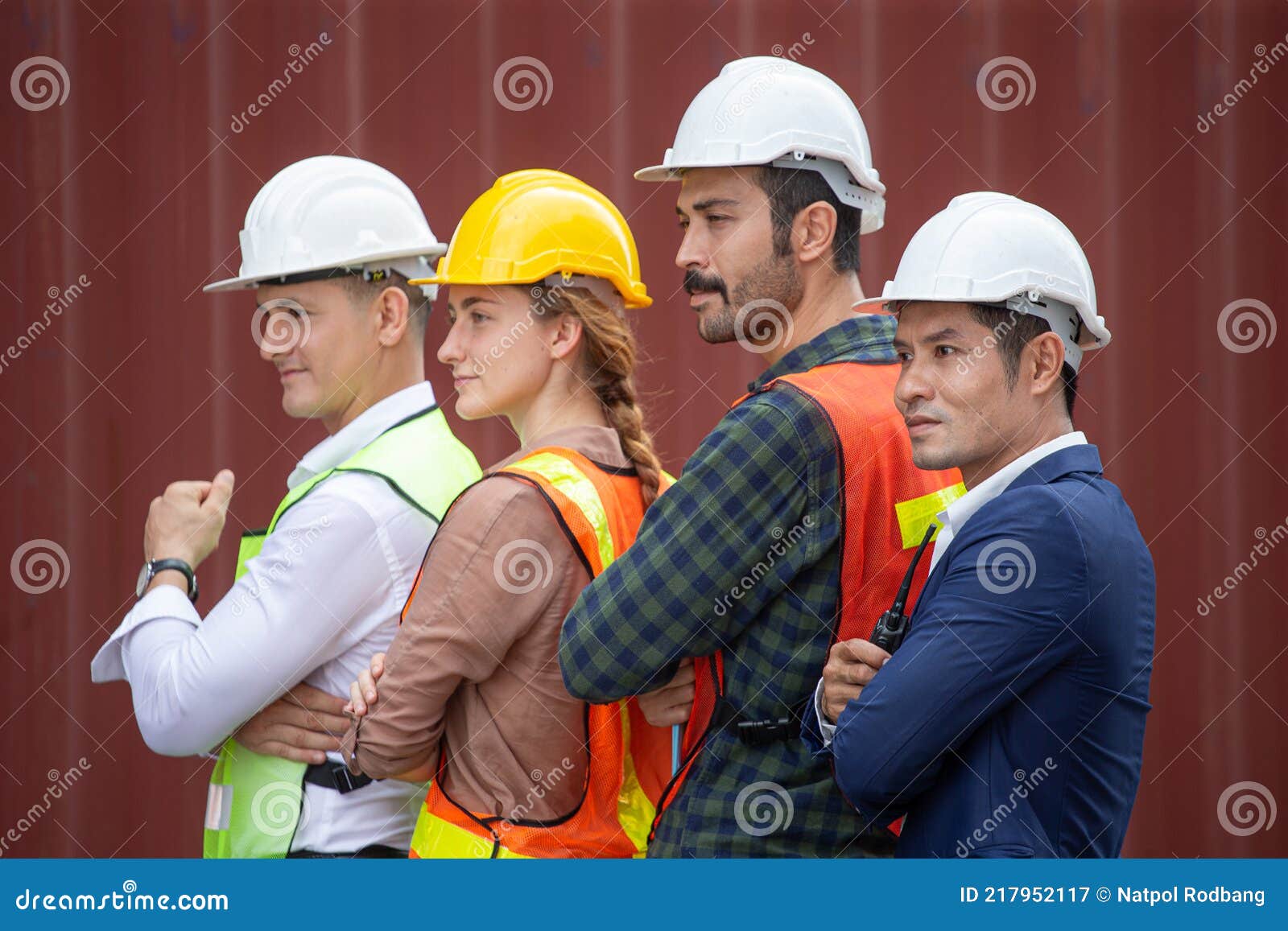 Portrait Group of Container Worker Confident and Smiling Standing at ...