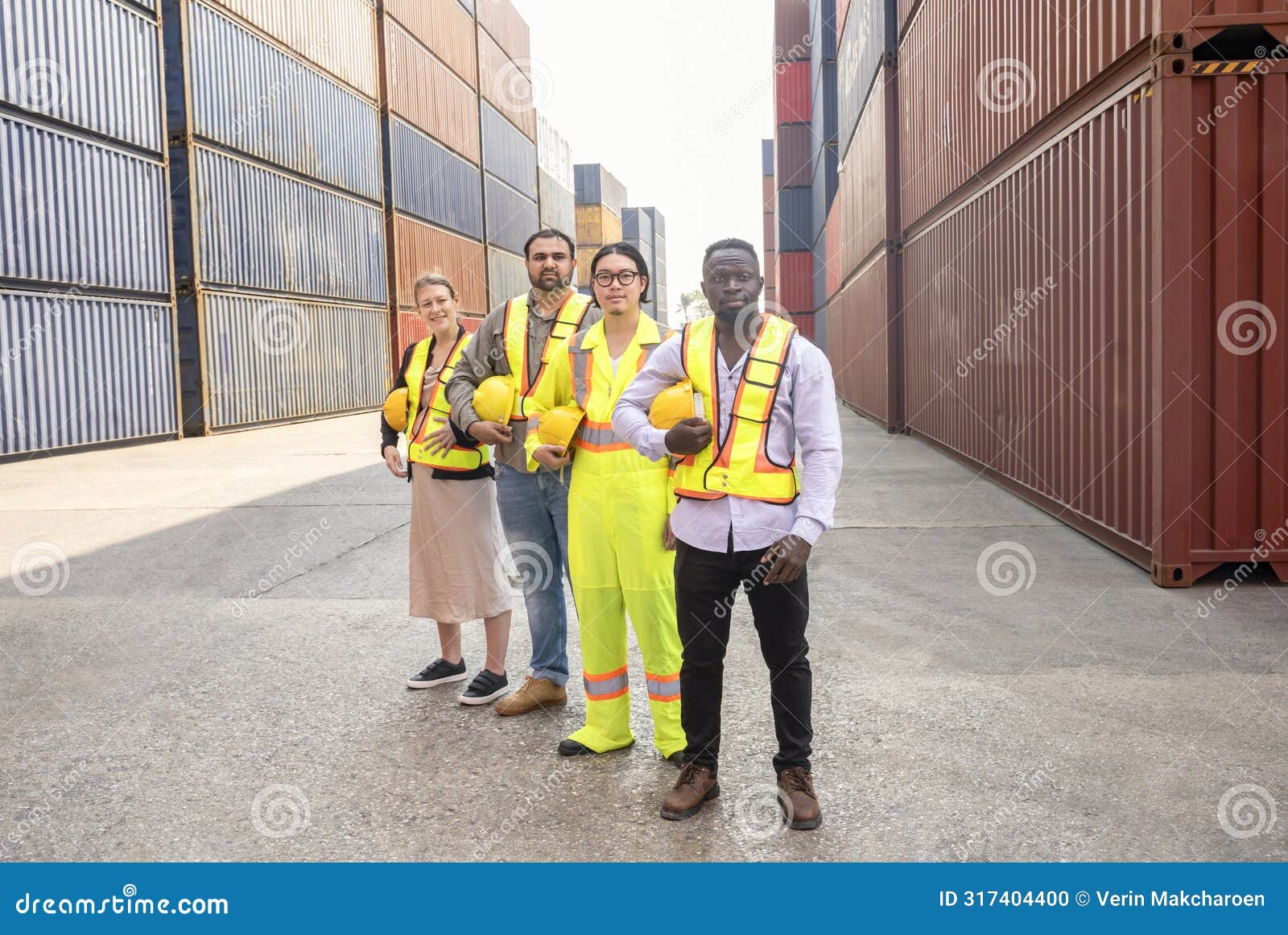 Portrait Group of Container Workers Standing at Container Yard Stock ...
