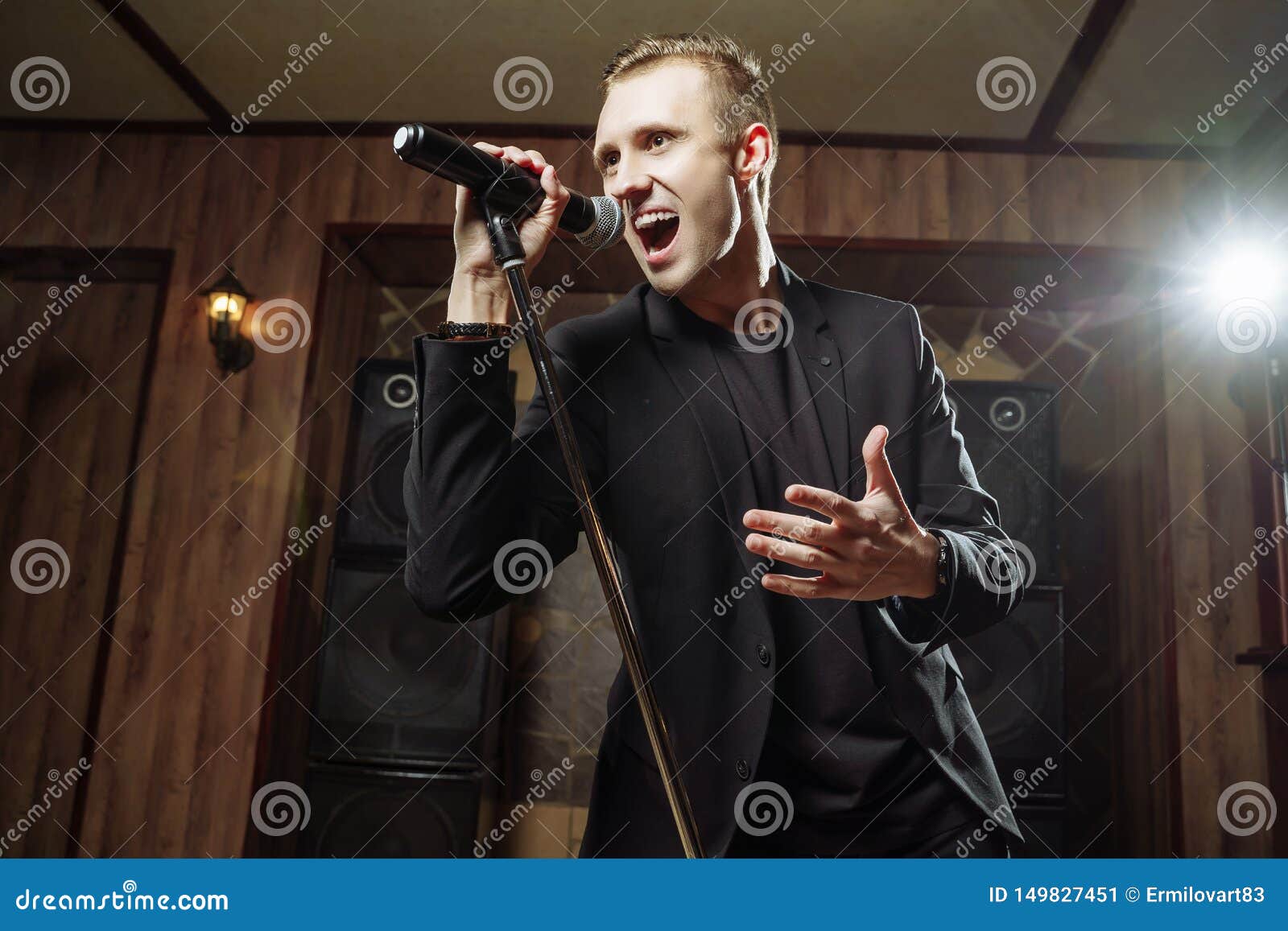 Portrait of Handsome Attractive Singer Singing Hit with Open Mouth in ...