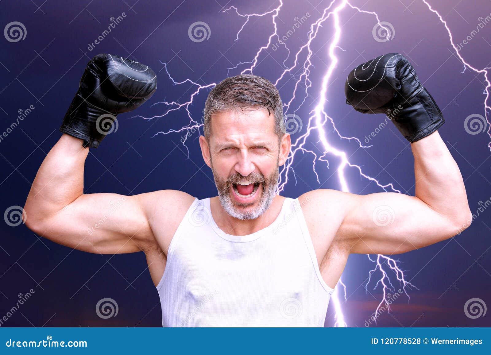Boxer in Victory Pose in Front of Thunderbolt Stock Photo - Image of ...