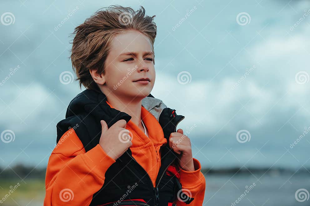 Portrait of Handsome Boy on Windy Beach Stock Photo - Image of vacation ...