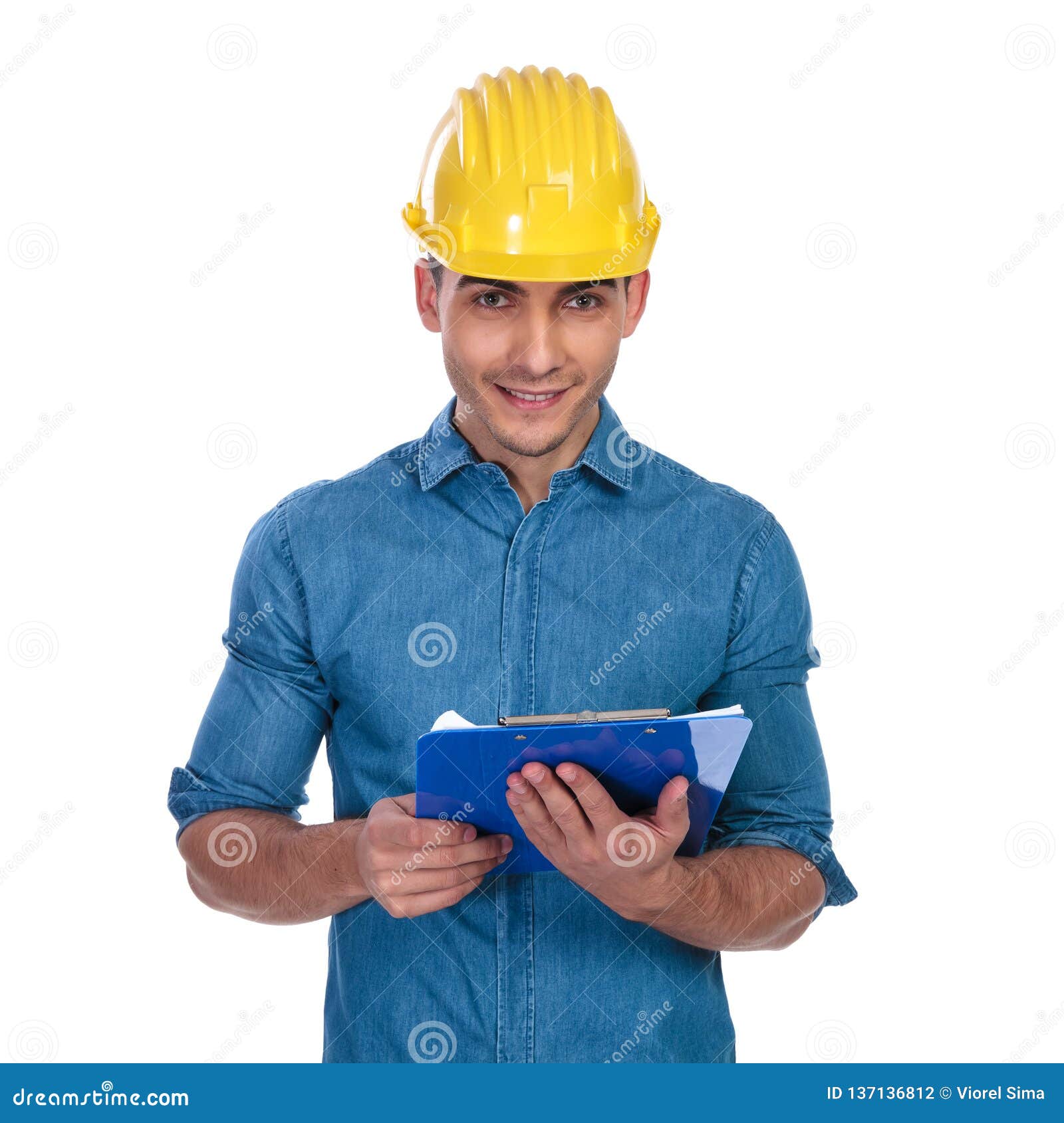 Portrait of Handsome Engineer Student Holding Blue Clipboard Stock ...