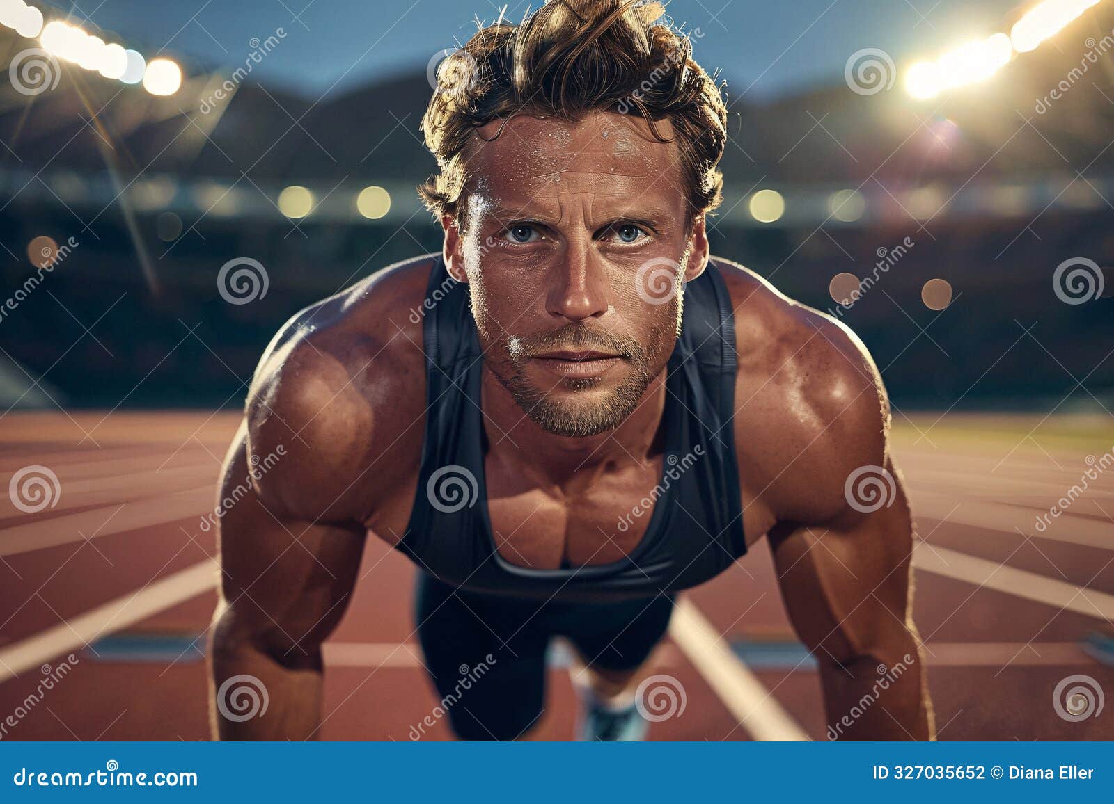 Portrait of Handsome Man Athlete at the Starting Line on the Stadium ...
