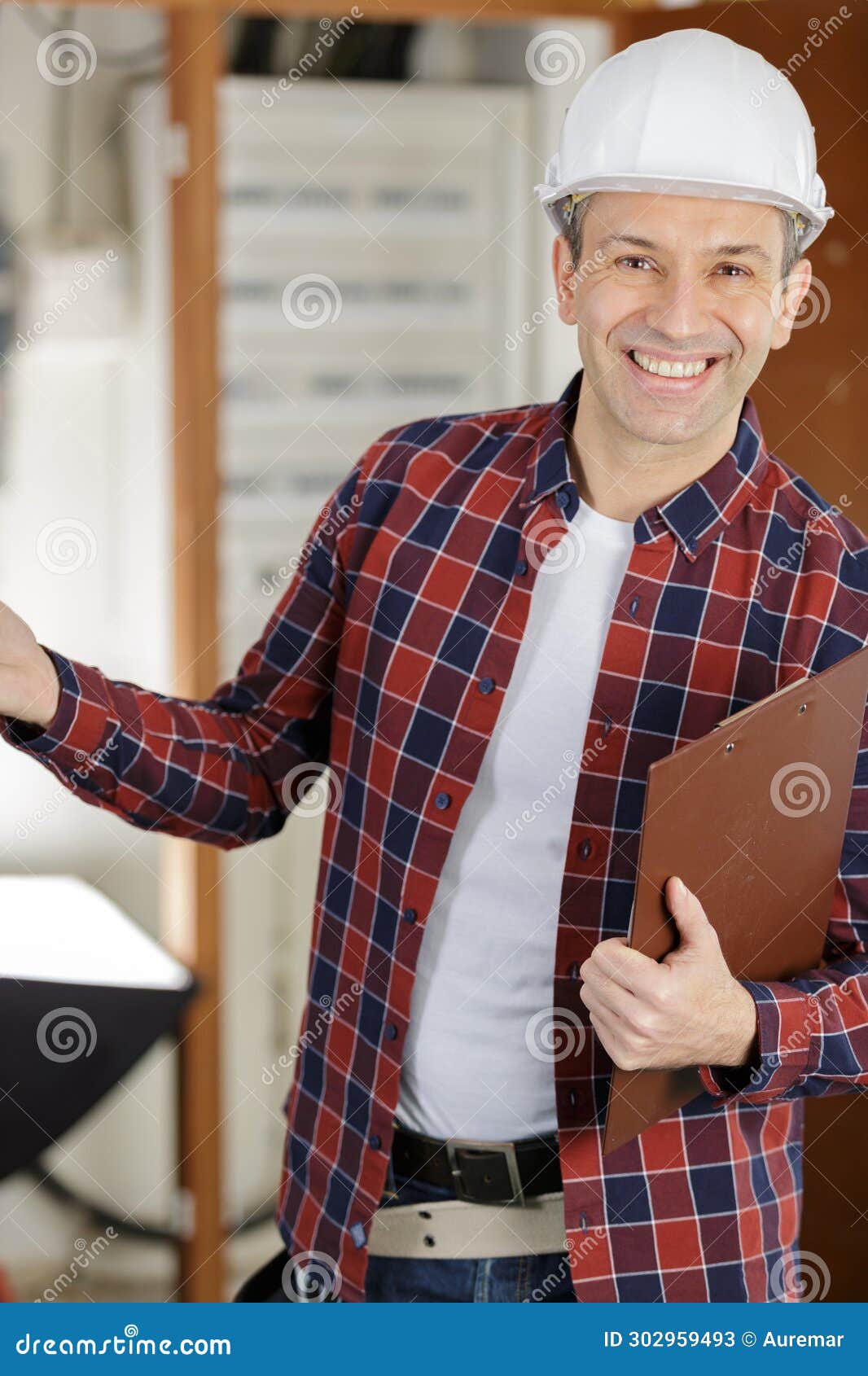 Portrait Handsome Man in Builders Helmet Stock Image - Image of curly ...