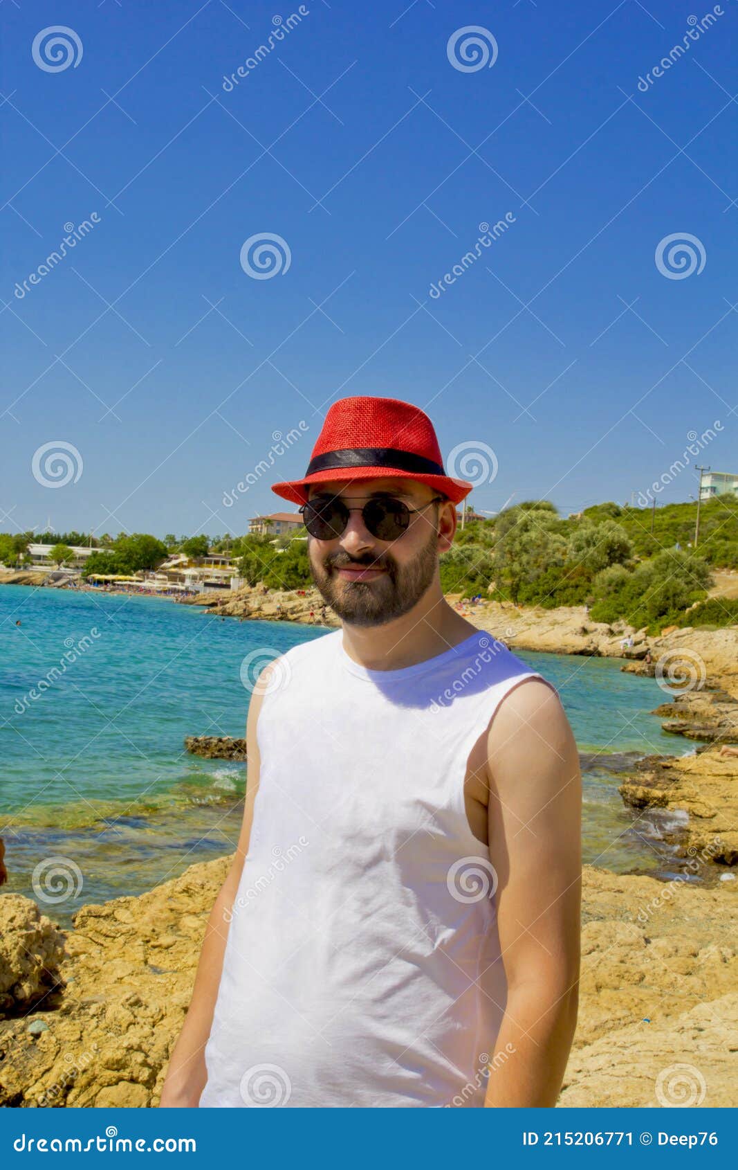 Portrait of Handsome Man in Red Hat on the Beach Stock Image - Image of ...