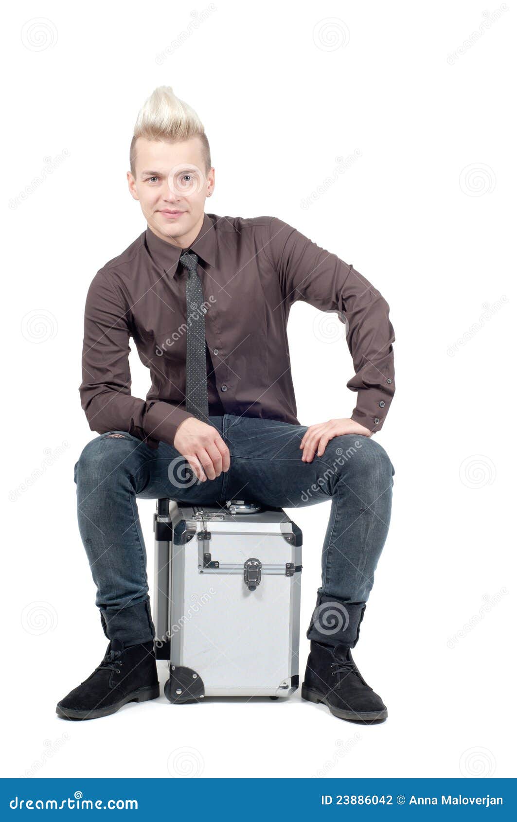 Portrait of Handsome Man Sitting on Suitcase Stock Photo - Image of ...