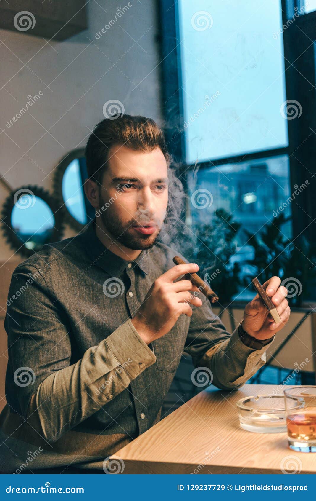 Portrait of Handsome Man Smoking Cigar Stock Image - Image of ...