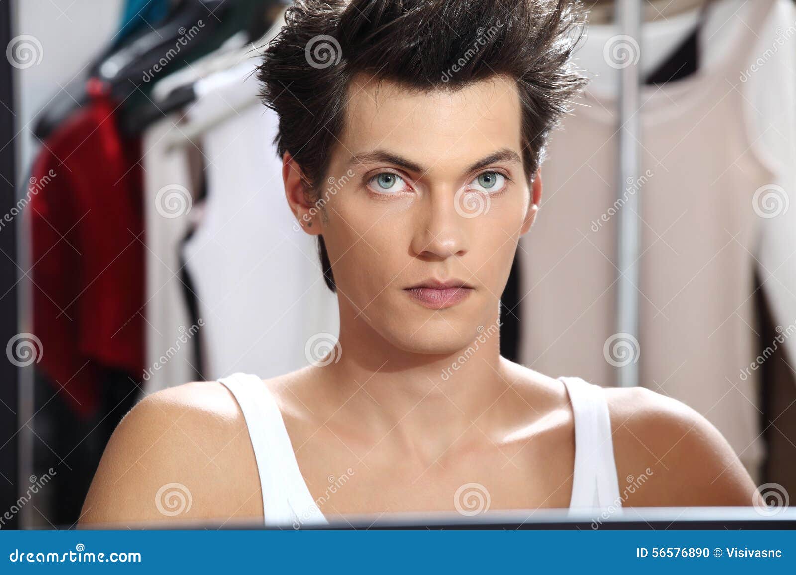 Portrait of Handsome Model at Mirror in Dressing Room Stock Photo ...