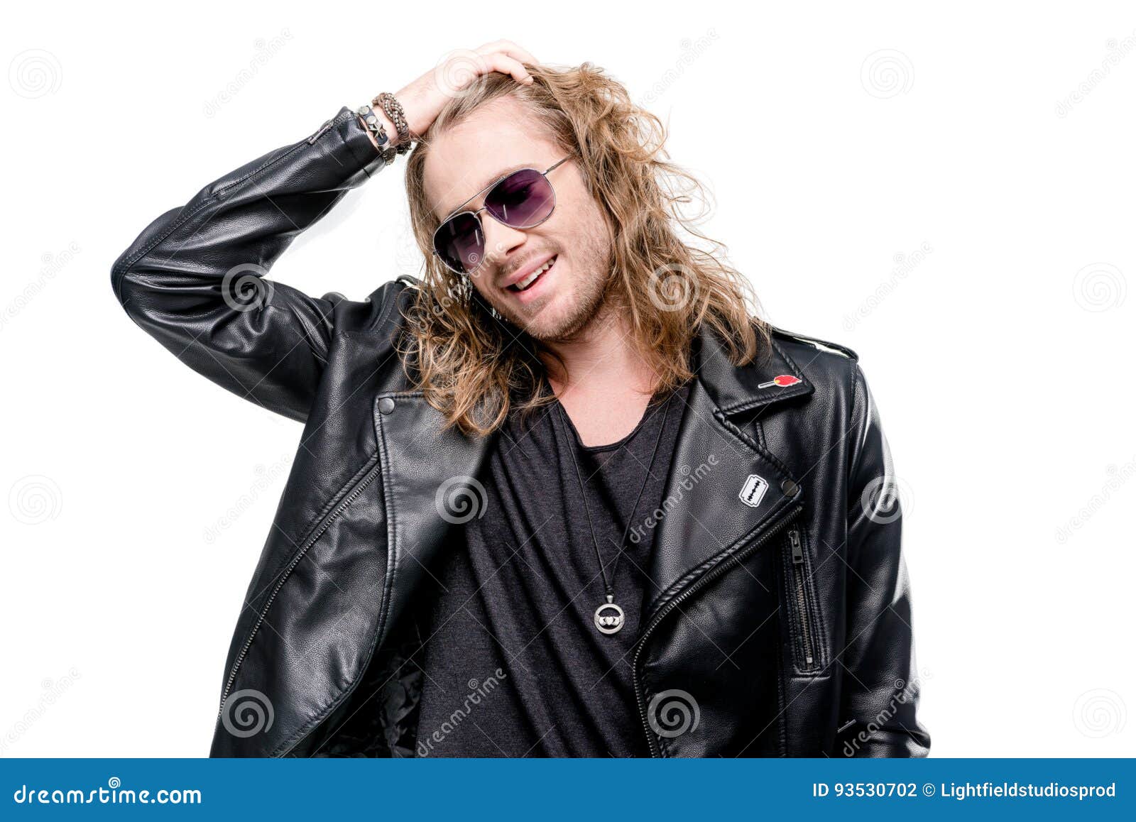 Portrait of Handsome Rocker in Black Leather Jacket and Sunglasses ...