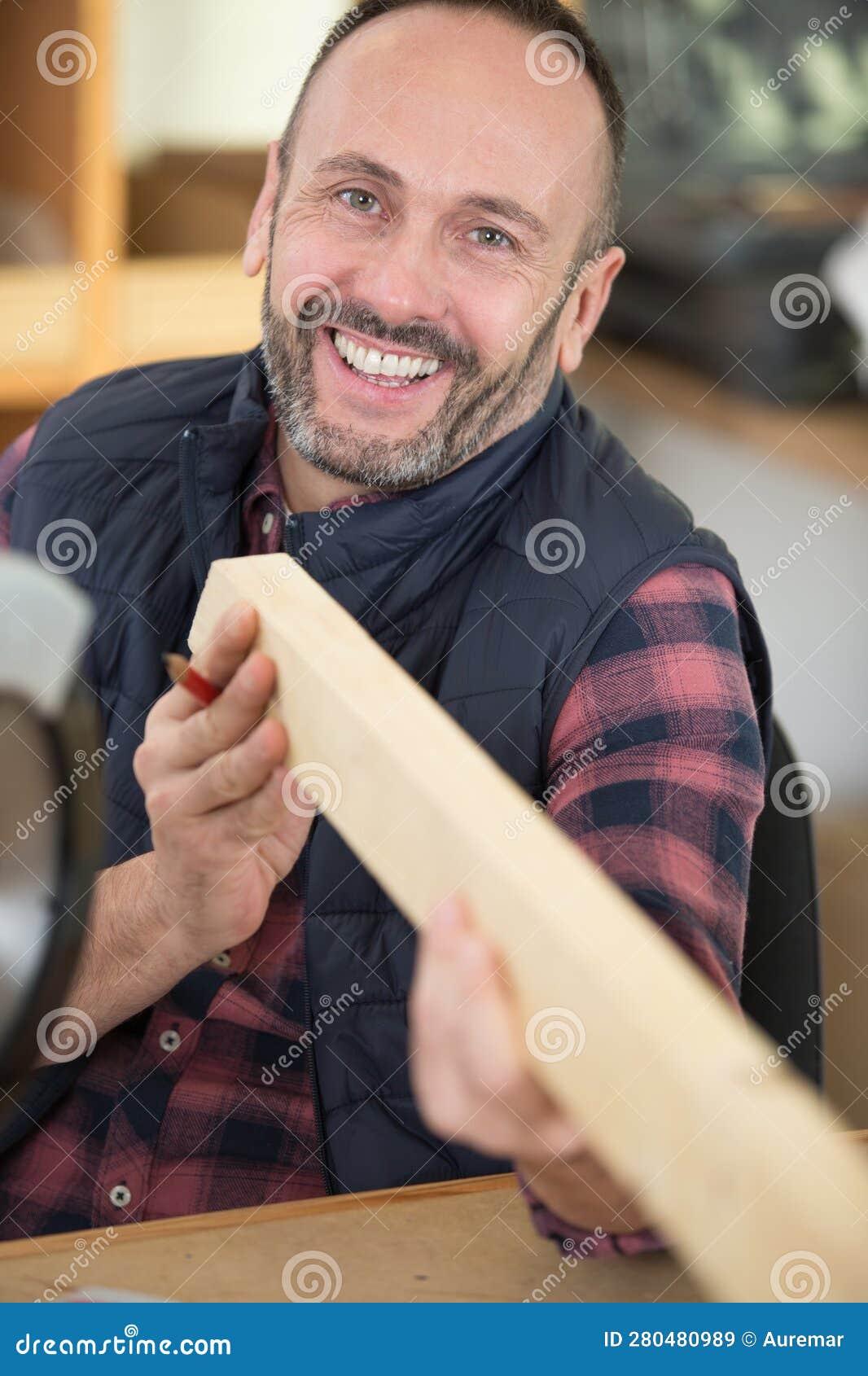 Portrait Handsome Smiling Carpenter with Wood Material Stock Image ...