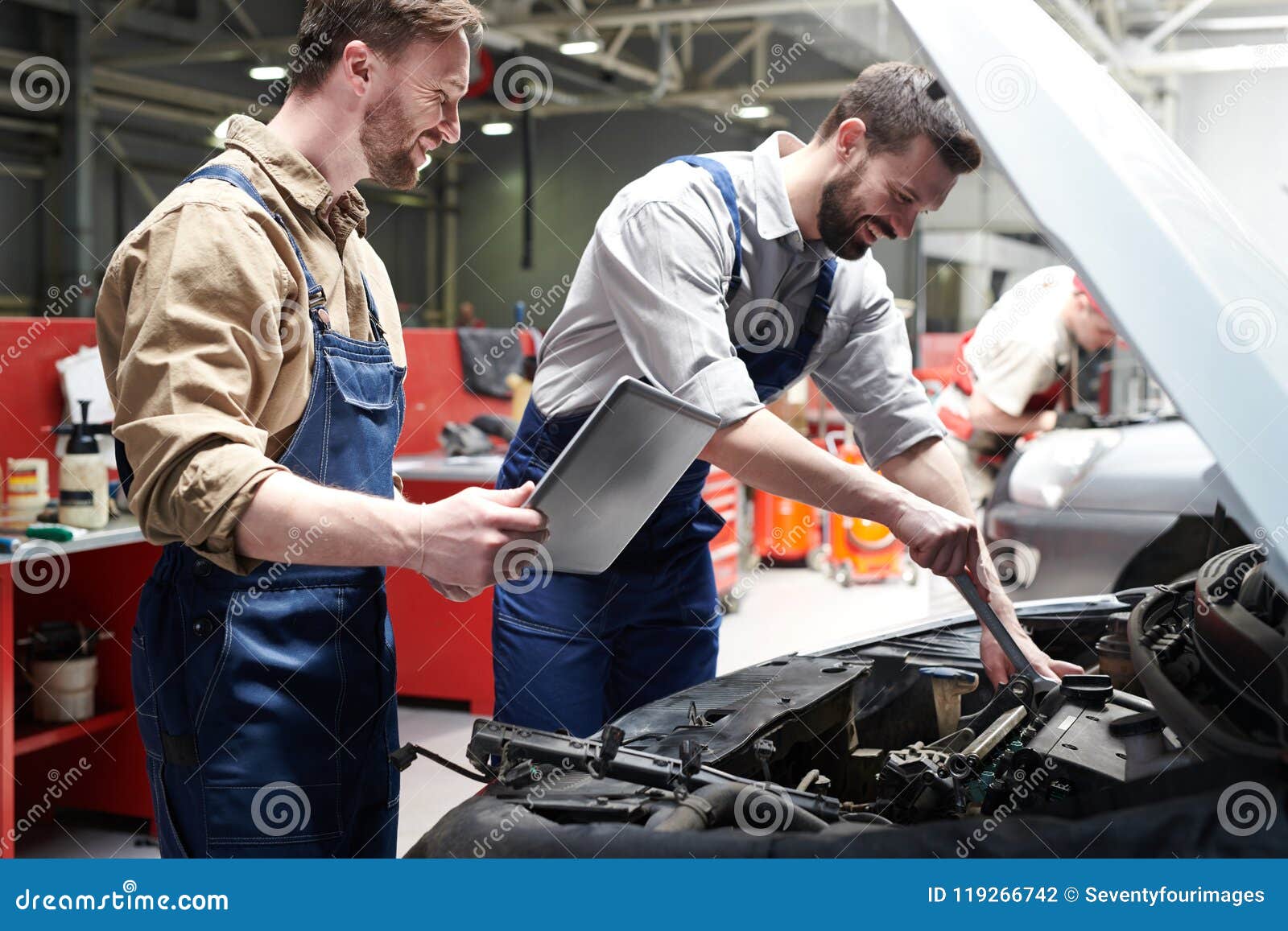 Workers Checking Car in Service Stock Photo - Image of engine, factory ...