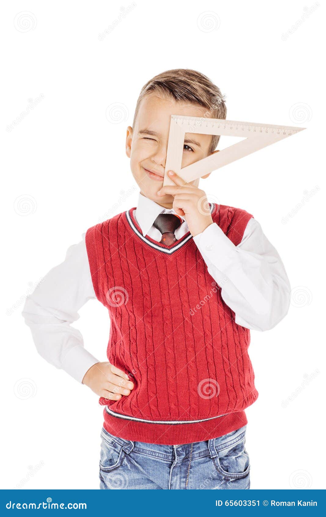 Portrait Handsome Young Boy with a Triangle Ruler on White Studio ...