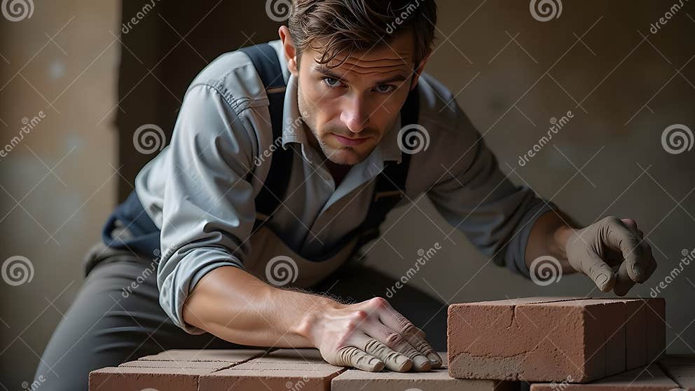Portrait of a Handsome Young Builder Laying Bricks Stock Illustration ...