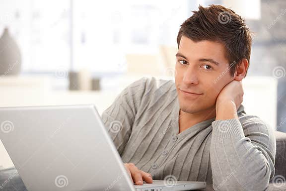 Portrait of Handsome Young Man with Computer Stock Image - Image of ...