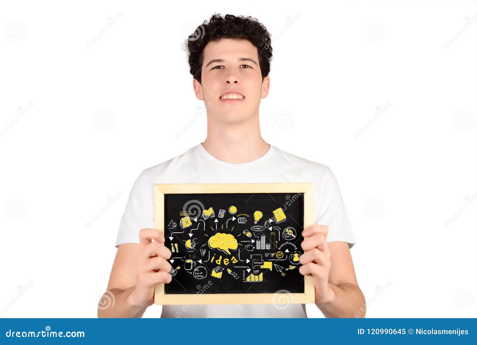 Young Man Holding a Chalkboard with Business Sketch. Stock Image ... Young Man Holding a Chalkboard with Business Sketch. Stock Image ...