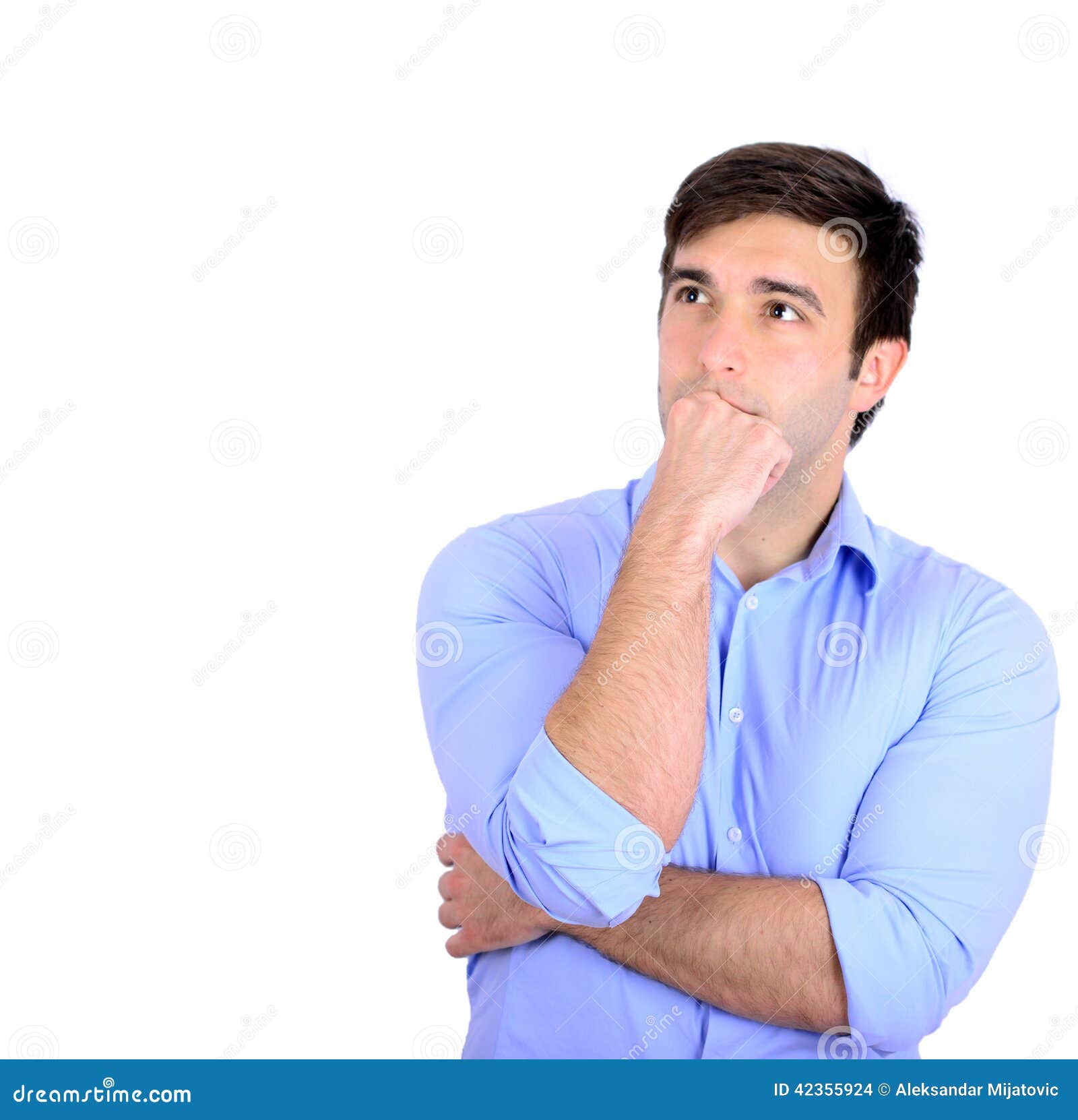 Portrait of Handsome Young Man Looking Up Isolated on White Stock Photo ...
