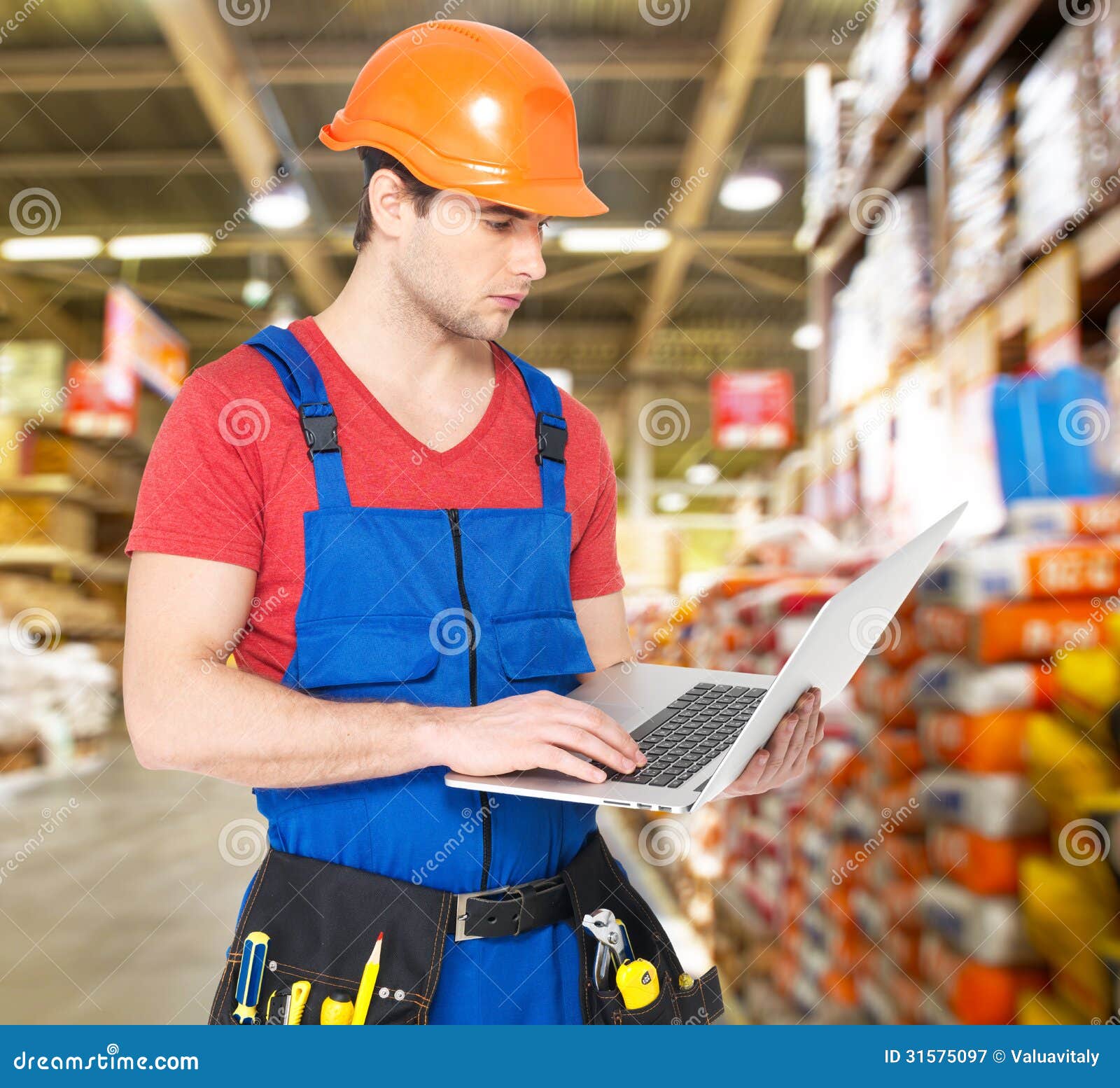 Portrait of Handyman with Laptop Working Warehouse Stock Image - Image ...