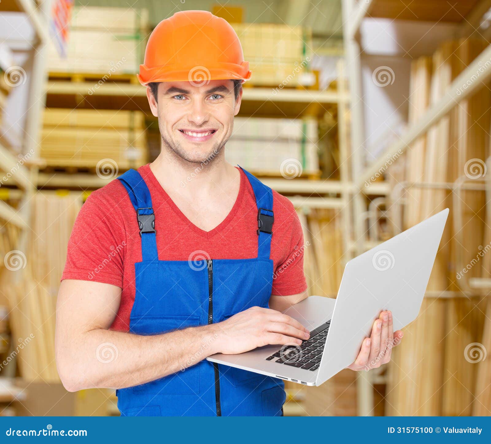 Portrait of Handyman with Laptop Working Warehouse Stock Photo - Image ...