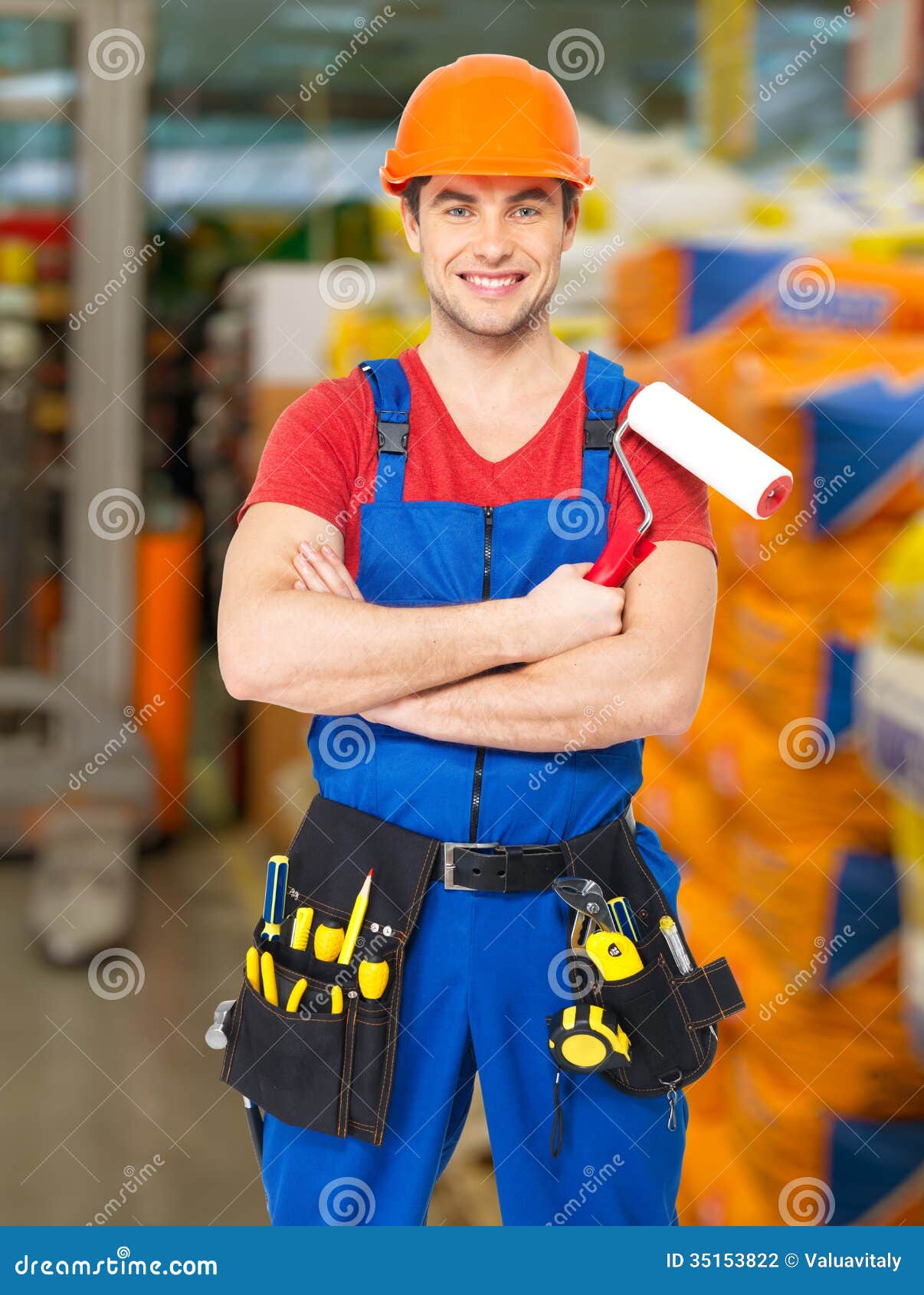 Portrait of Handyman at Warehouse Stock Photo - Image of protective ...