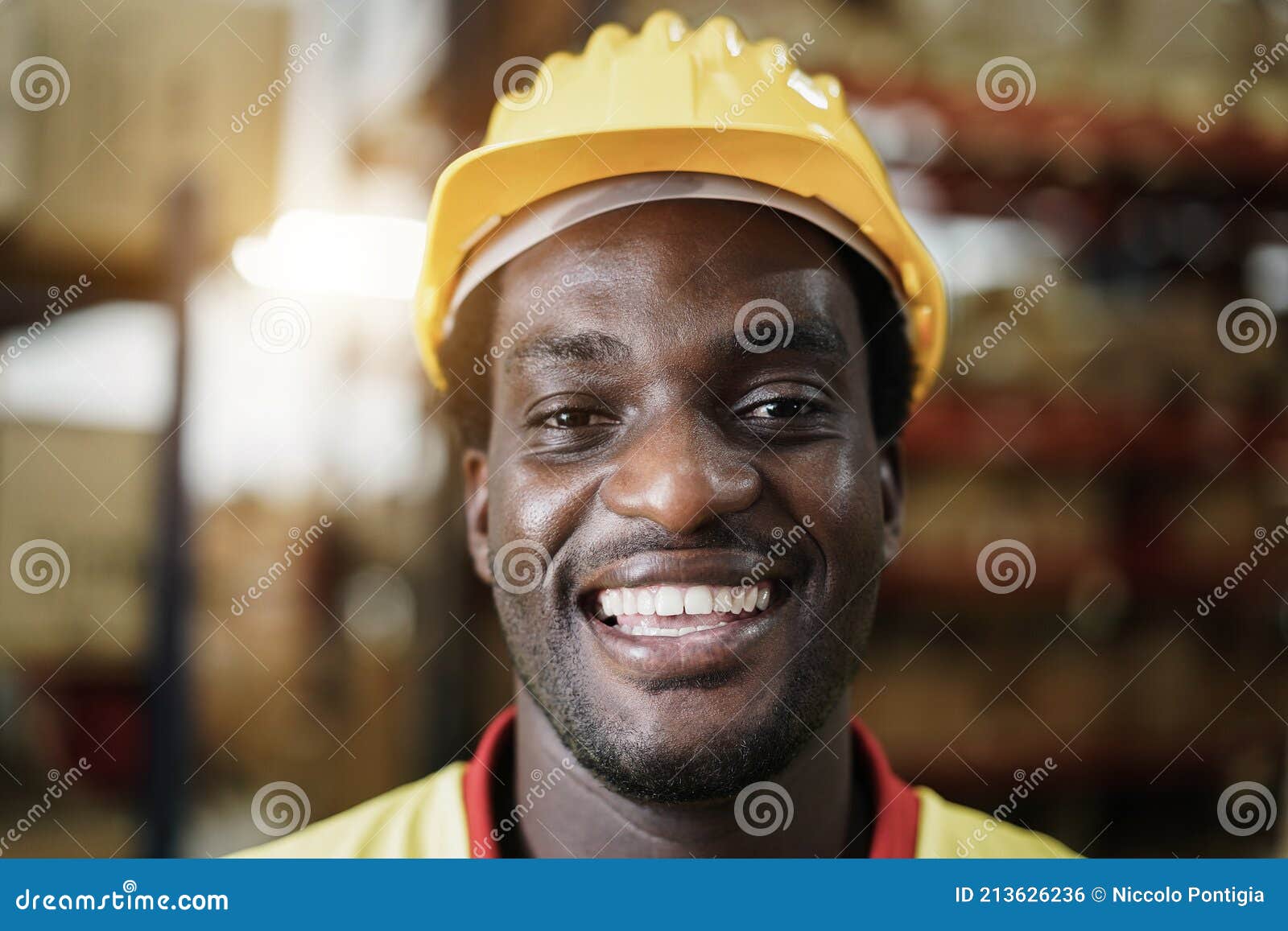 Portrait of Happy African Worker Man Looking at Camera Inside Warehouse ...