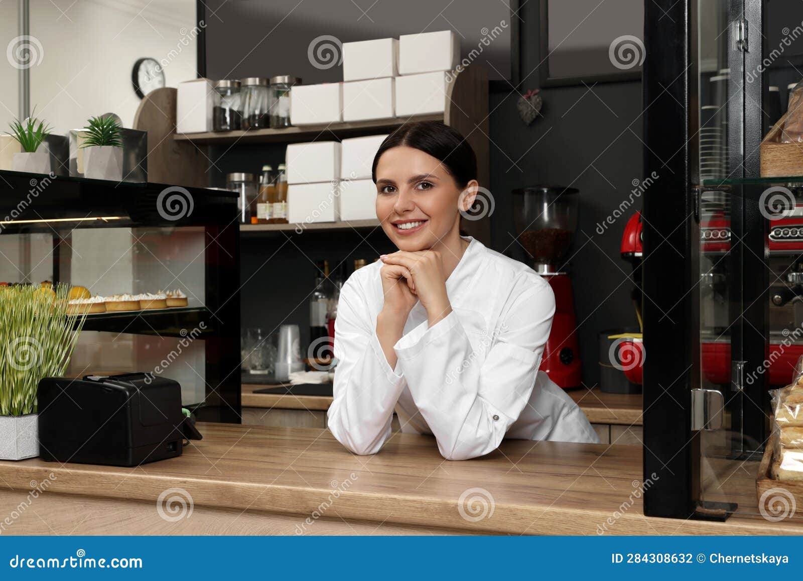 Portrait of Happy Baker at Desk in Her Cafe Stock Photo - Image of ...