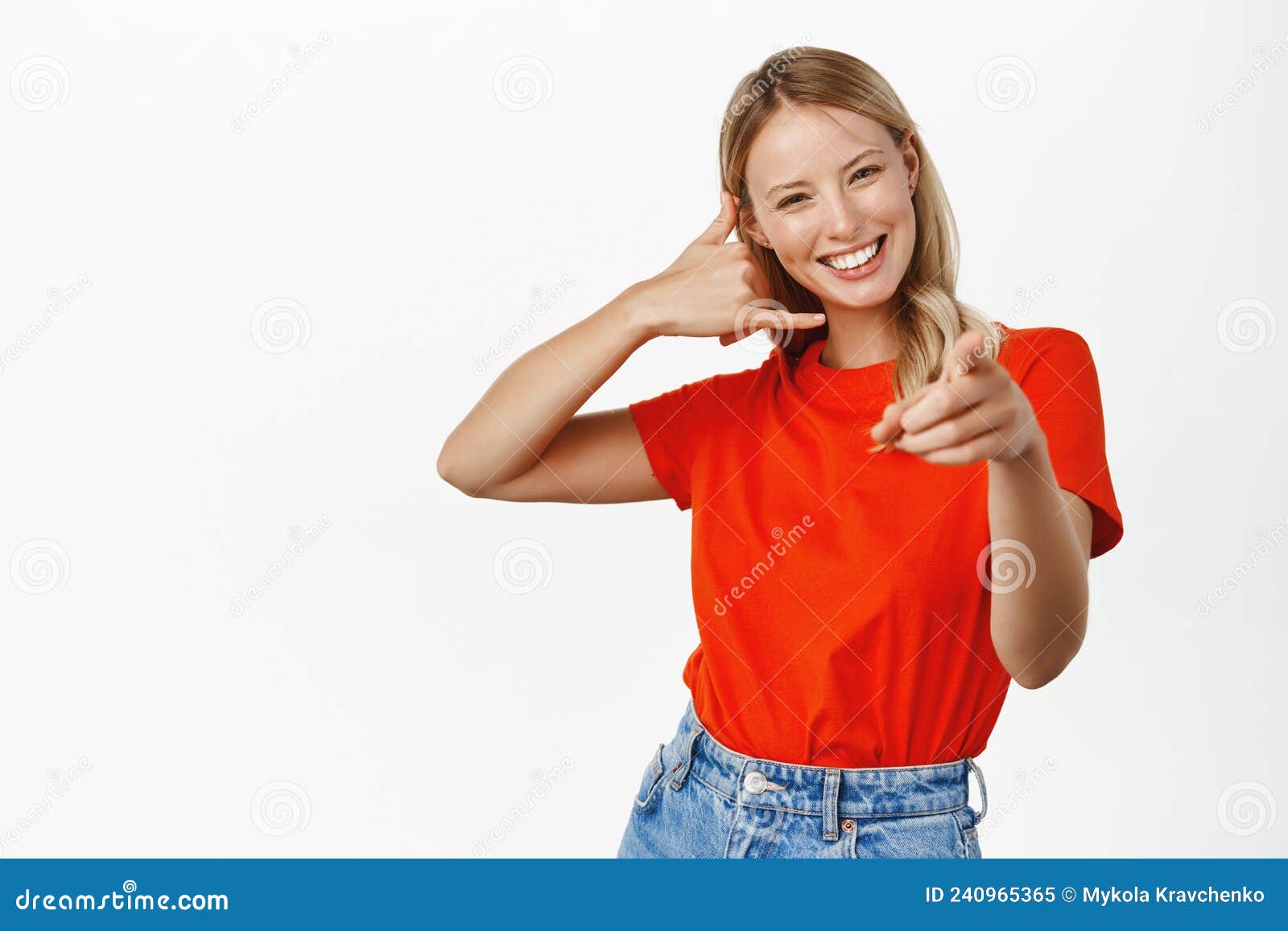Portrait Of Happy Beautiful Woman Smiling Pointing Finger At Camera