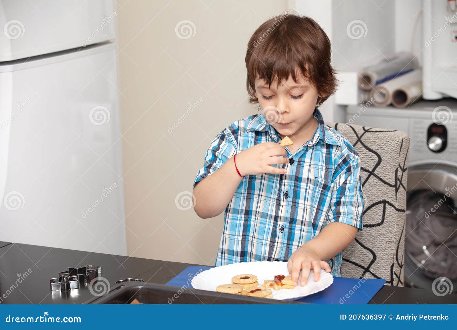 Portrait Happy Boy Eating Cookies Stock Image - Image of biscuit, food ...