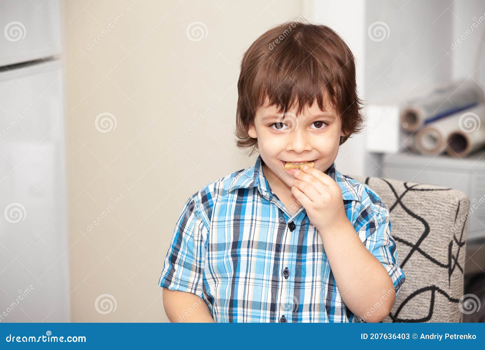 Portrait Happy Boy Eating Cookies Stock Image - Image of caucasian ...