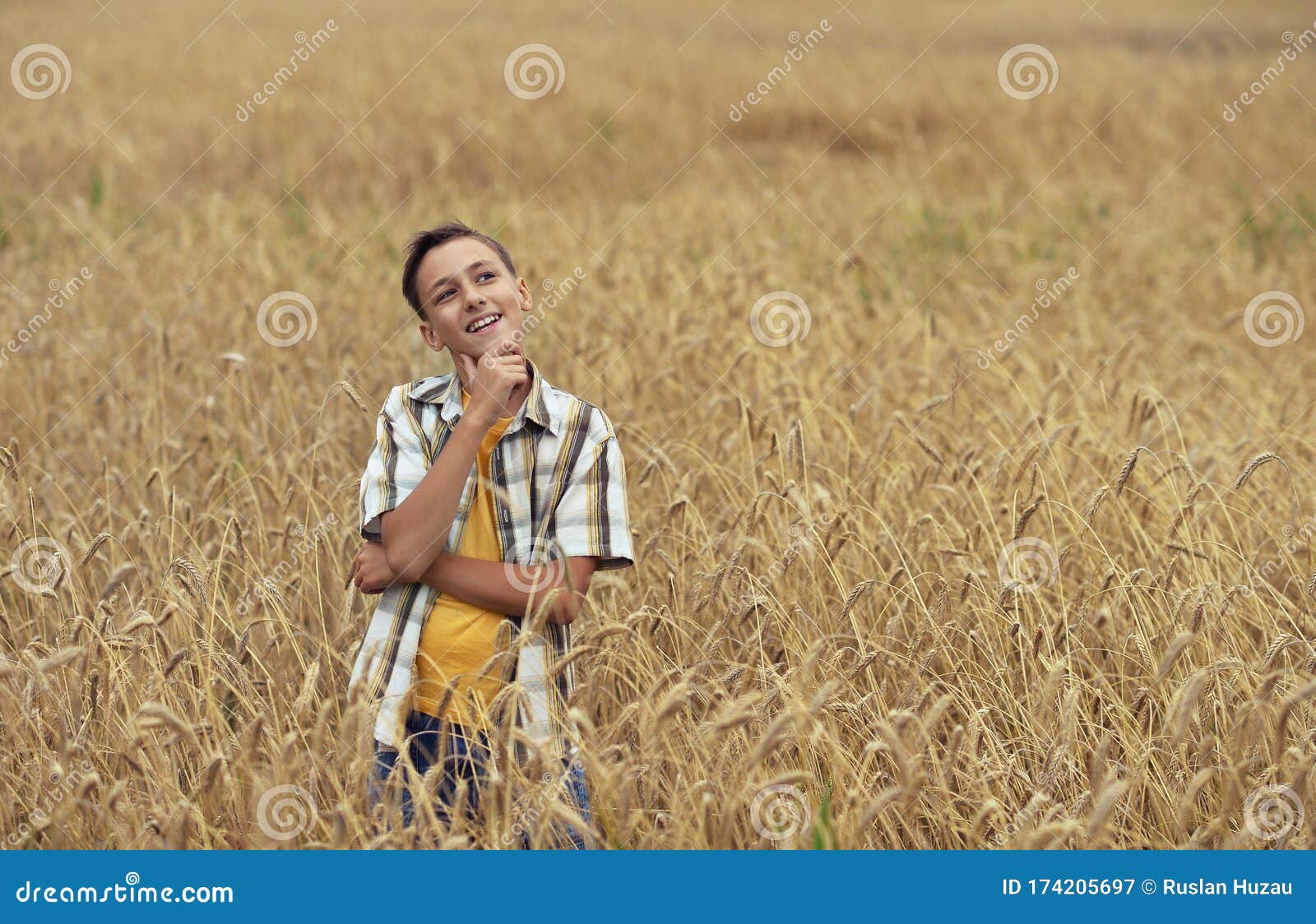 Portrait of Happy Boy in Field Enjoying Nature Stock Image - Image of ...