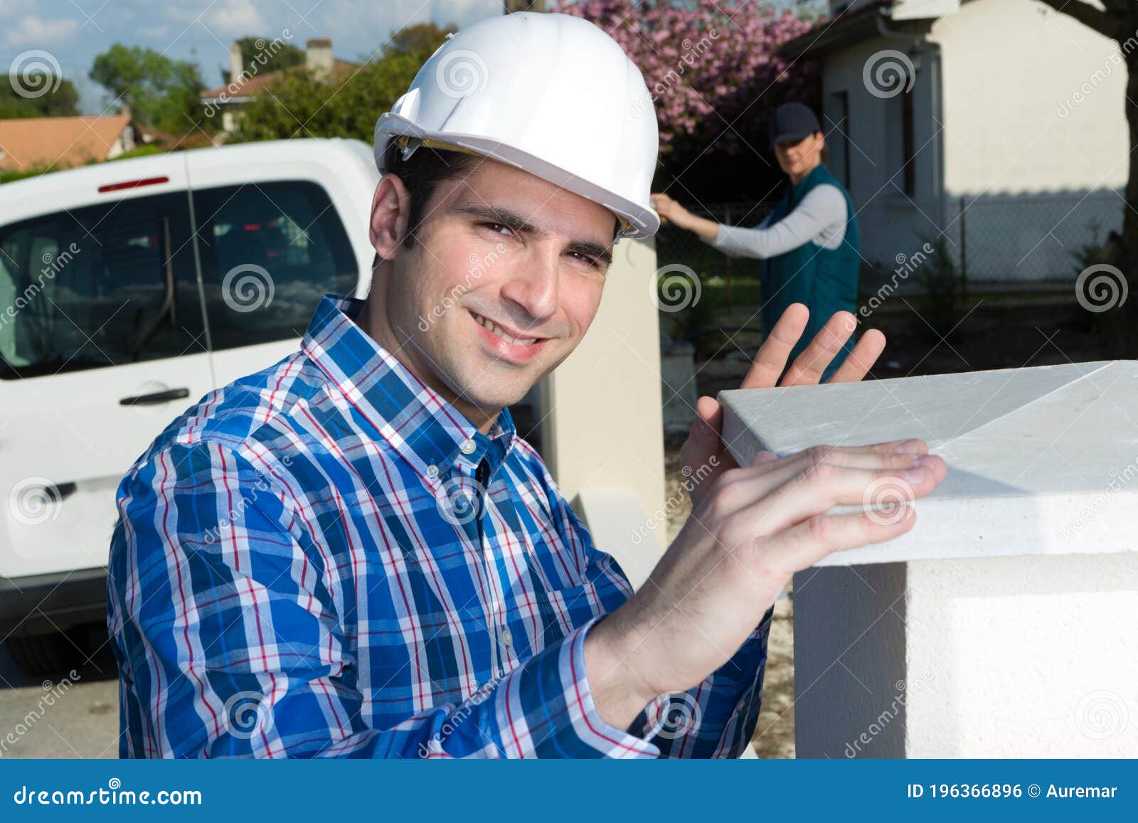 Portrait Happy Builder Outside Stock Photo - Image of planning, helmet ...
