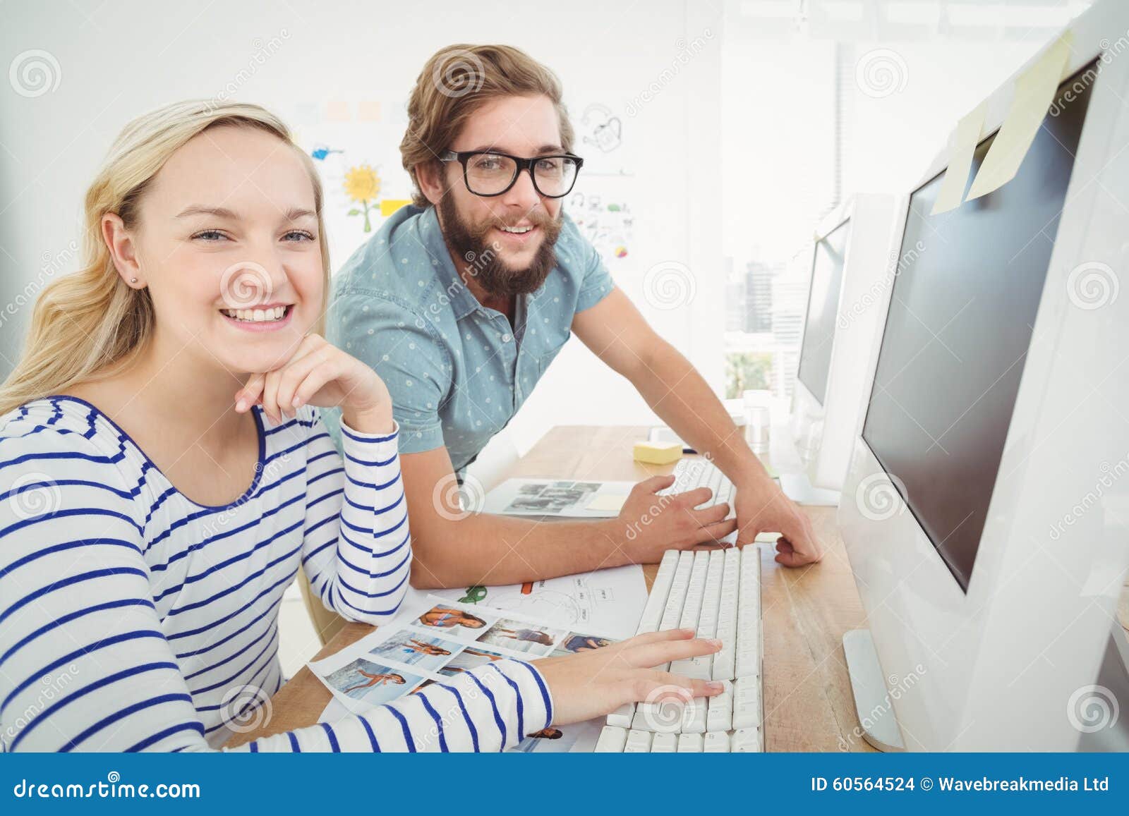 Portrait of Happy Business People at Computer Desk Stock Photo - Image ...