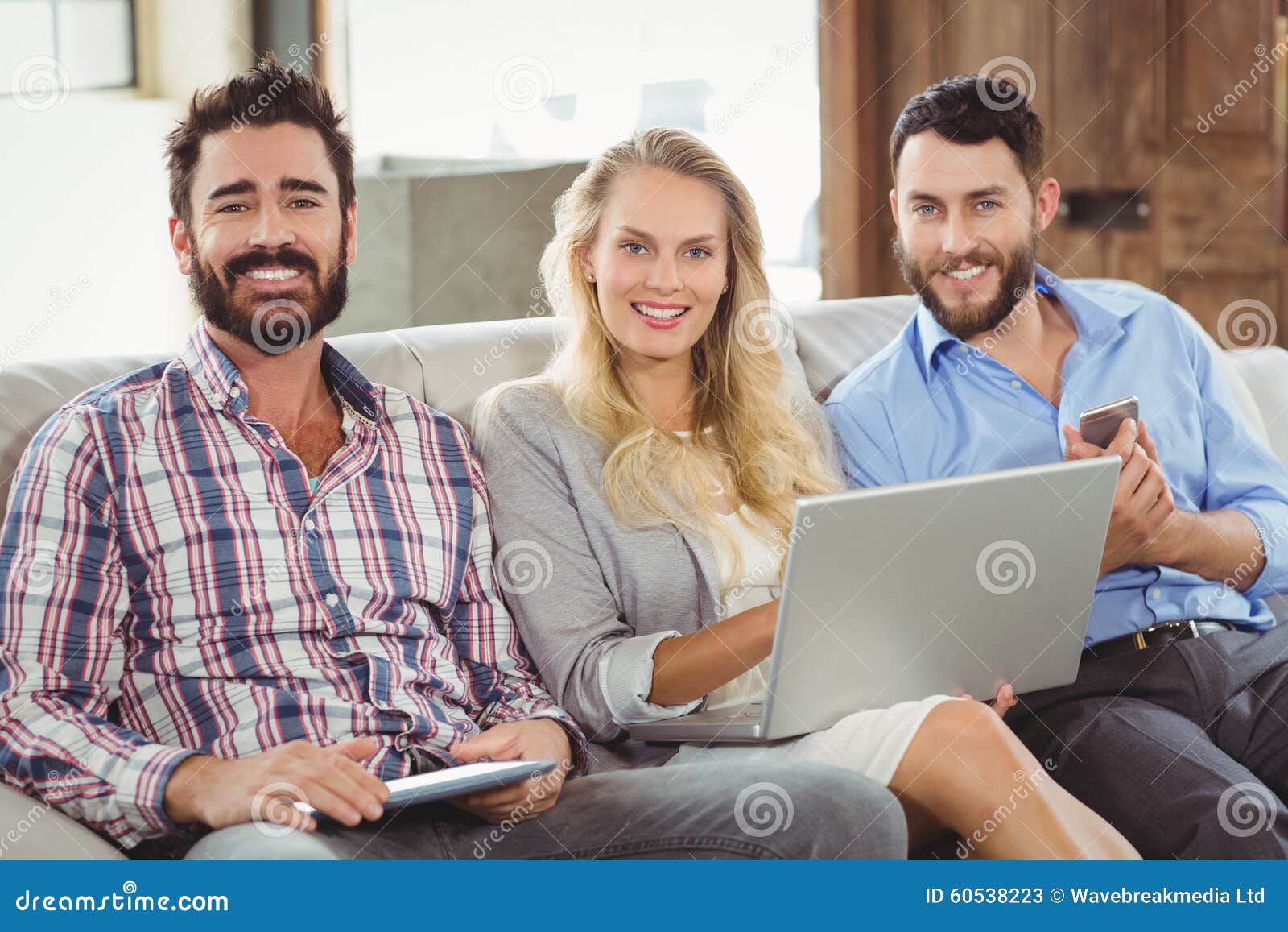 Portrait of Happy Colleagues Using Technologies Stock Image - Image of ...